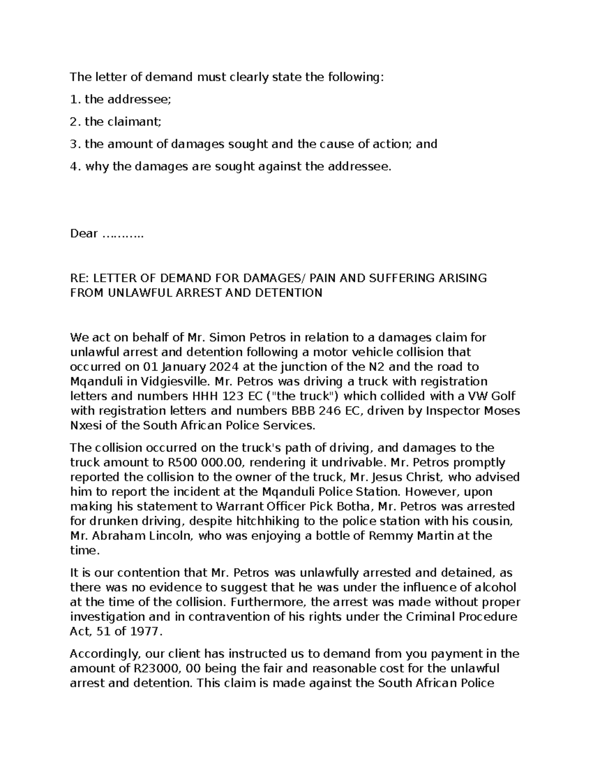LAW FIRM A - Letter OF Demand - The letter of demand must clearly state ...
