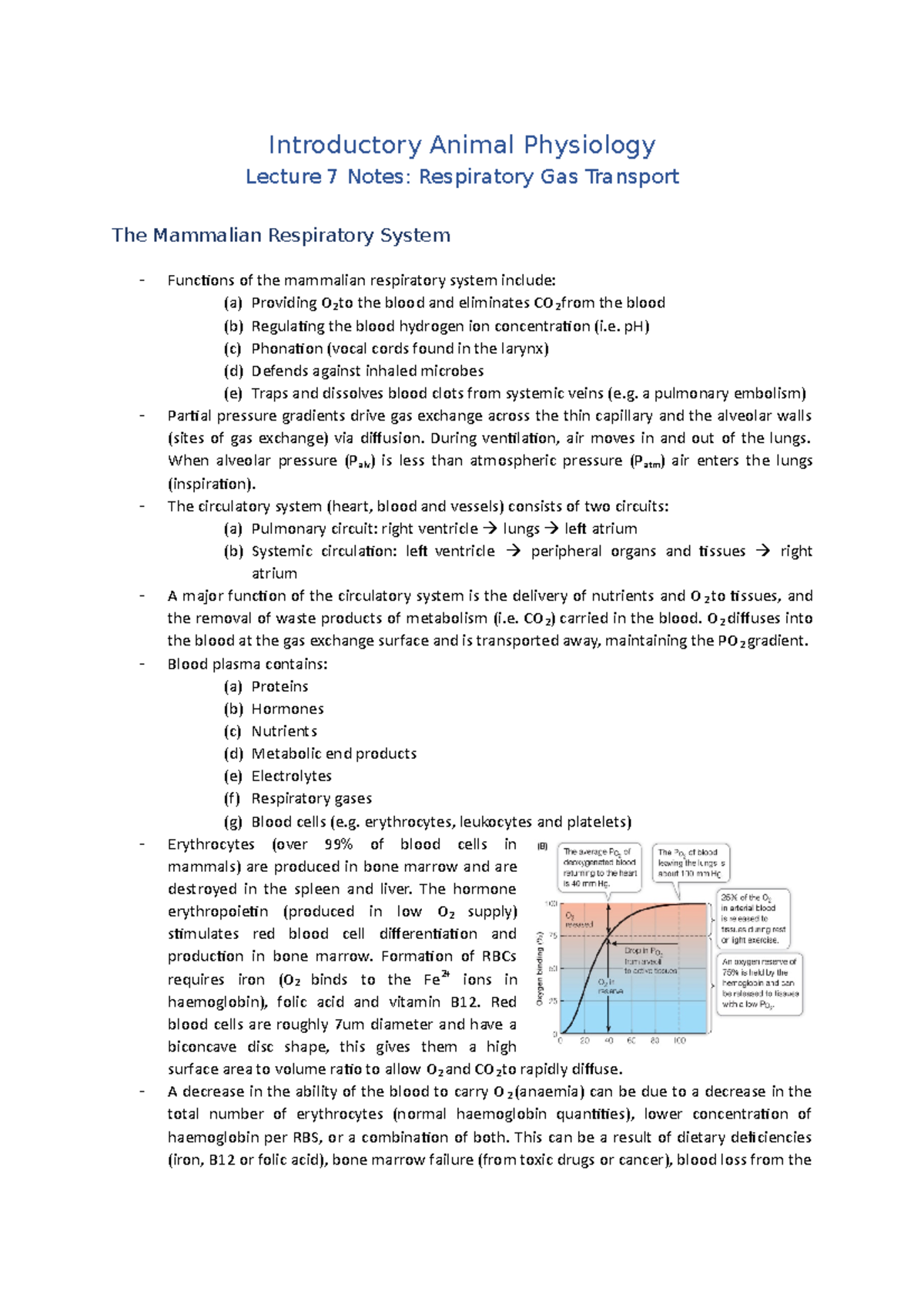 Lecture 7 Notes (Respiratory Gas Transport) - Introductory Animal ...