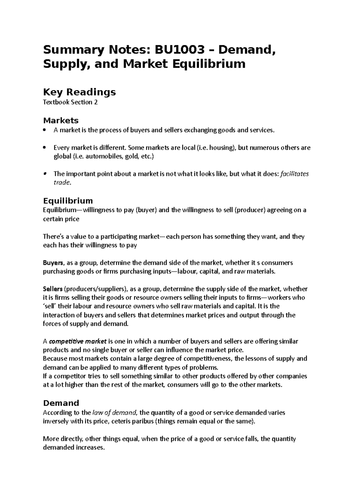BU1003 Summary Notes 2 - Summary Notes: BU1003 – Demand, Supply, and ...
