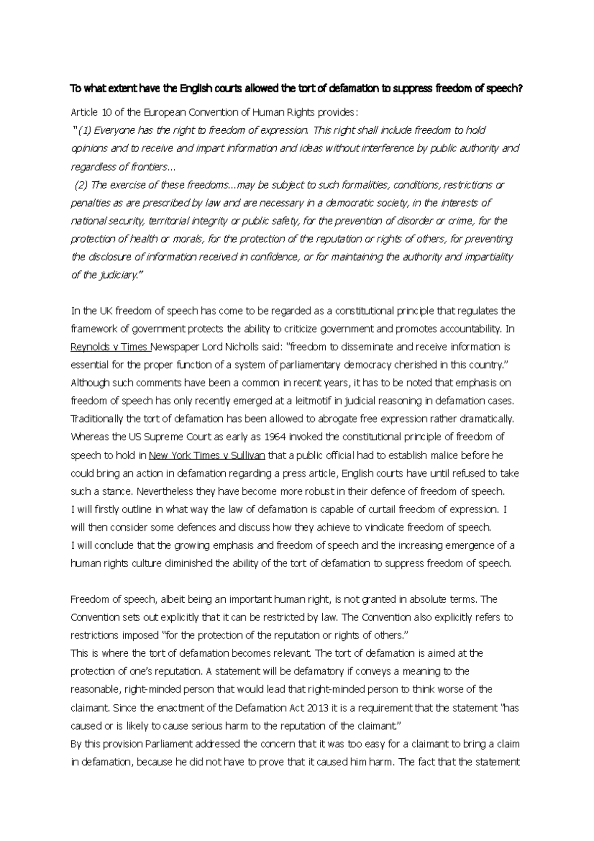 Extent of English courts in suppressing freedom of speech in defamation ...