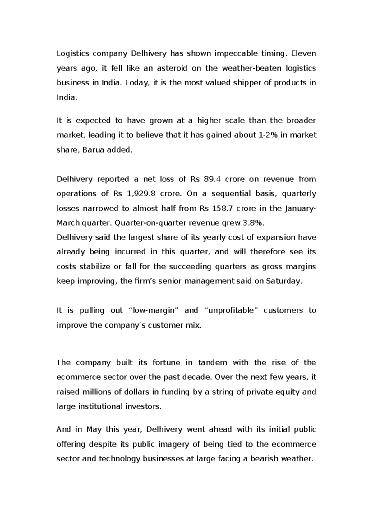 Delhivery - sandhya venkatapochu - Logistics company Delhivery has ...