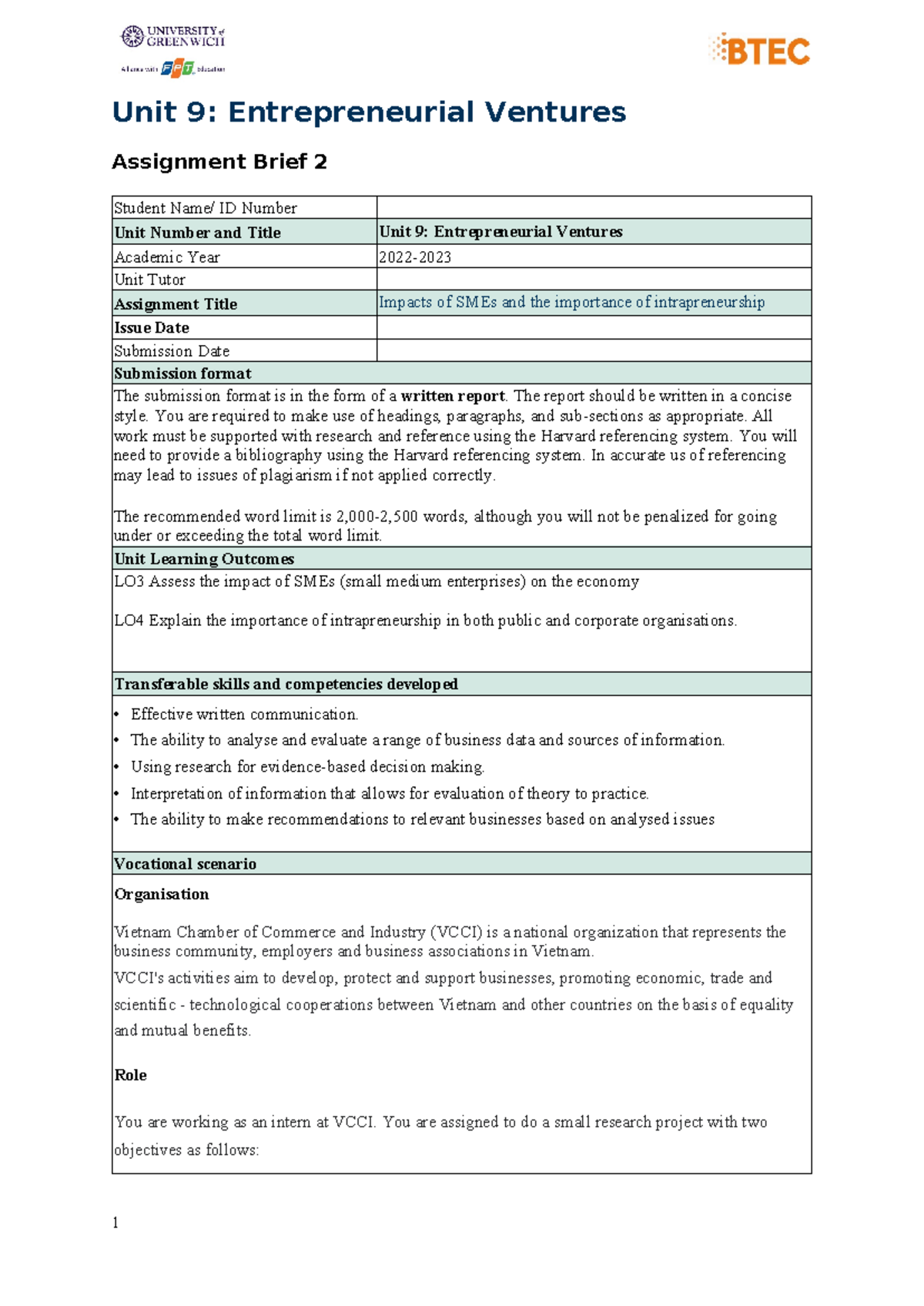 26 Unit 9 5047 Assignment Brief 2 - Unit 9: Entrepreneurial Ventures ...