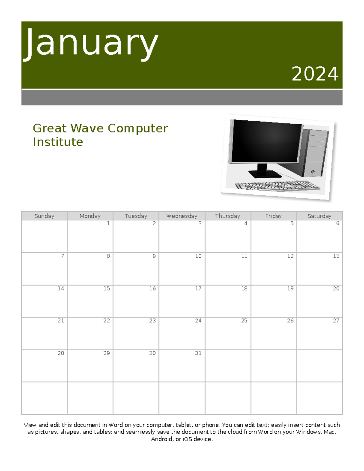 Calender by pooja - m,jionmji - January 2024 Great Wave Computer ...