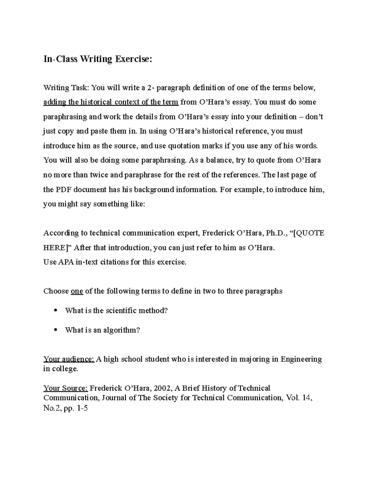 Question - work - In-Class Writing Exercise: Writing Task: You will ...