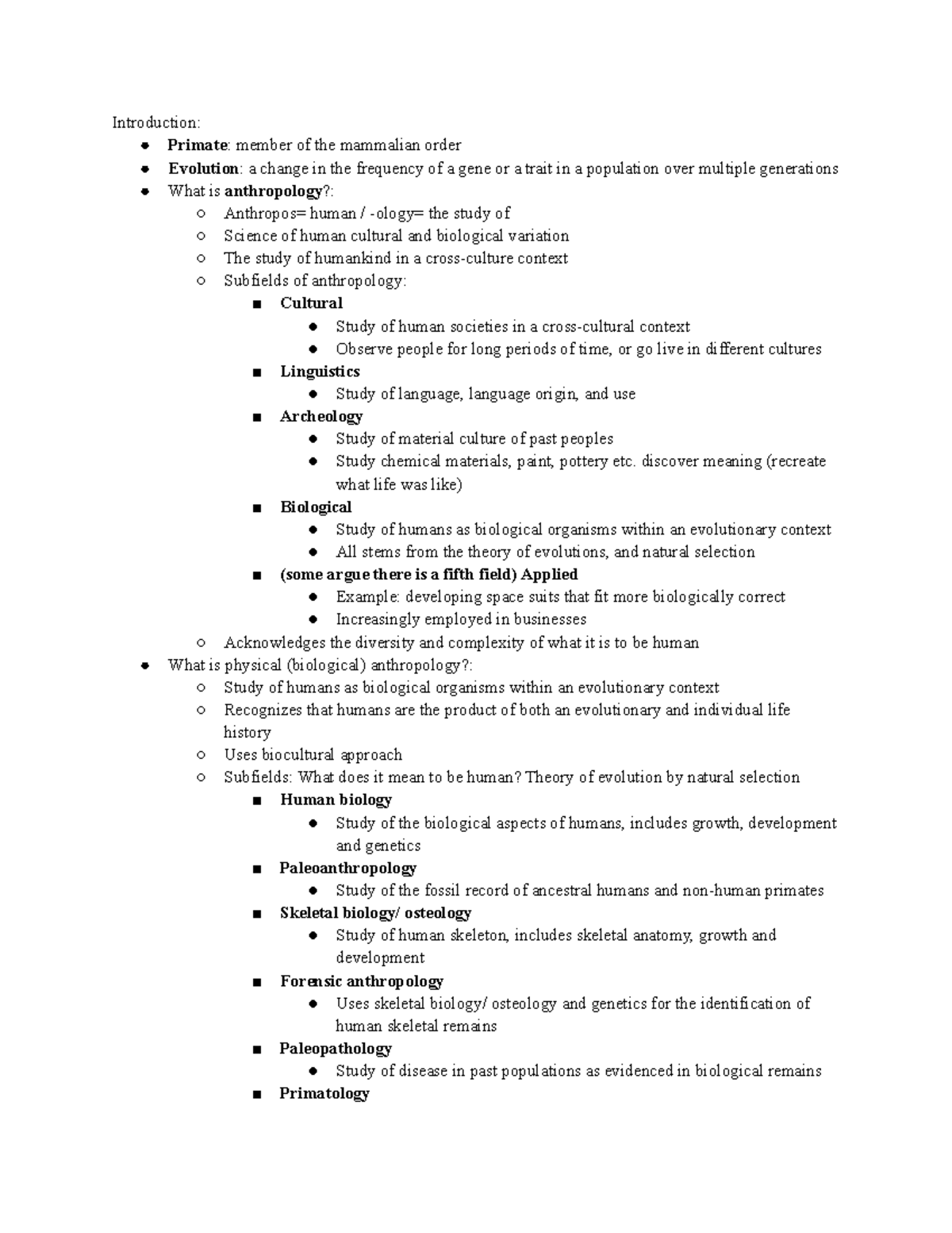 ANTH 1301 Notes - Introduction: Primate : member of the mammalian order ...