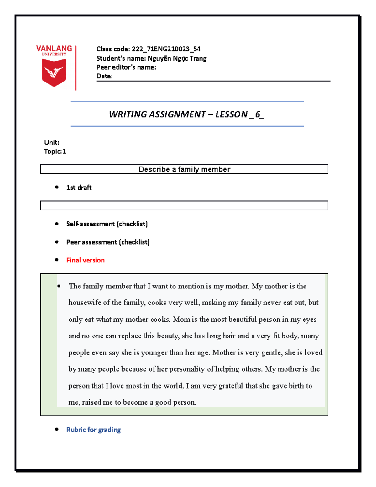 Template Writing assignment - Class code: 222_71ENG210023_ Student’s name: Nguyễễn Ng c Trangọ ...