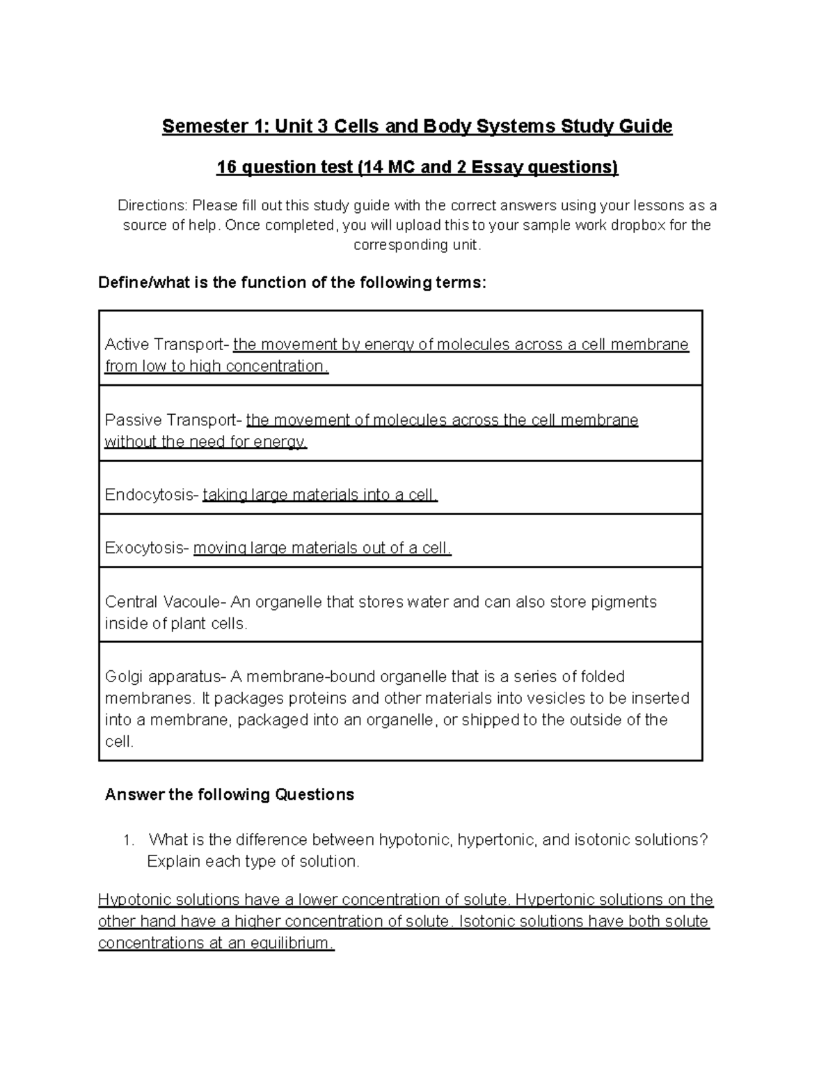 Honors Cells and Body Systems Study Guide - Semester 1: Unit 3 Cells ...