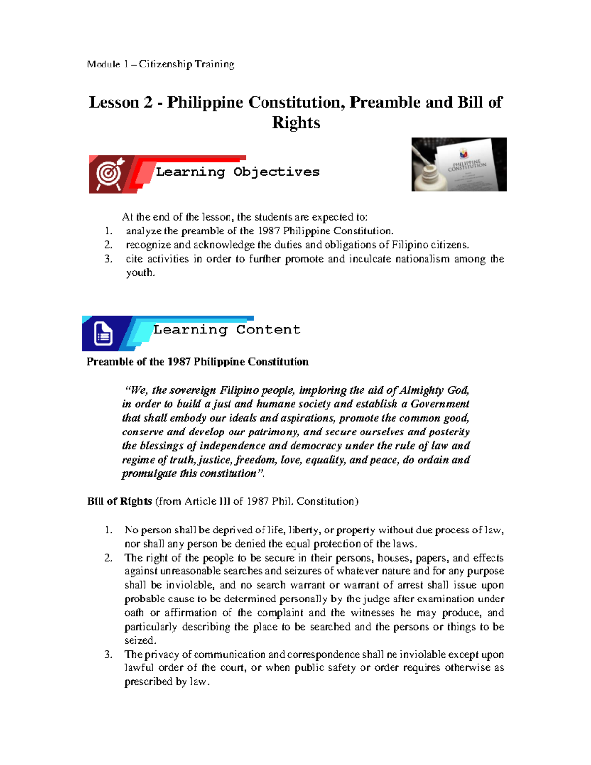 Lesson 2 - Philippine Constitution, Preamble and Bill of Rights ...