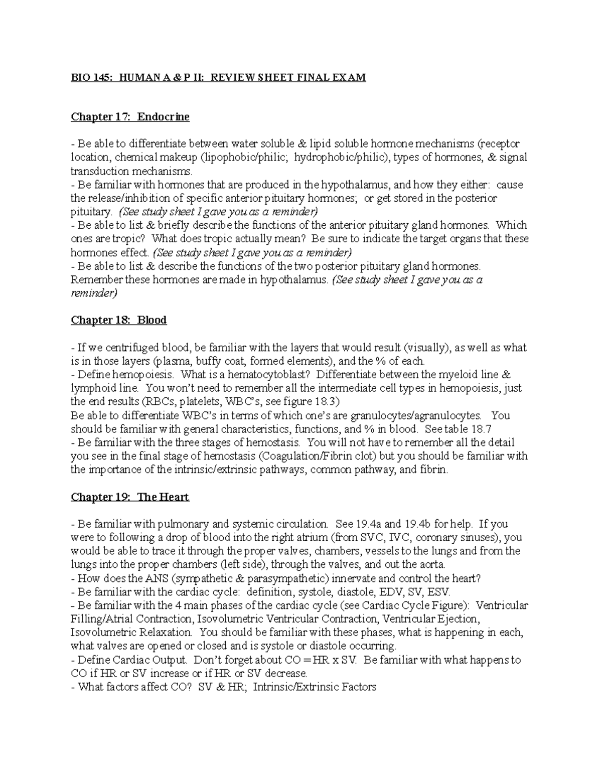 BIO 145 Final Exam Review Sheet - BIO 145: HUMAN A & P II: REVIEW SHEET ...