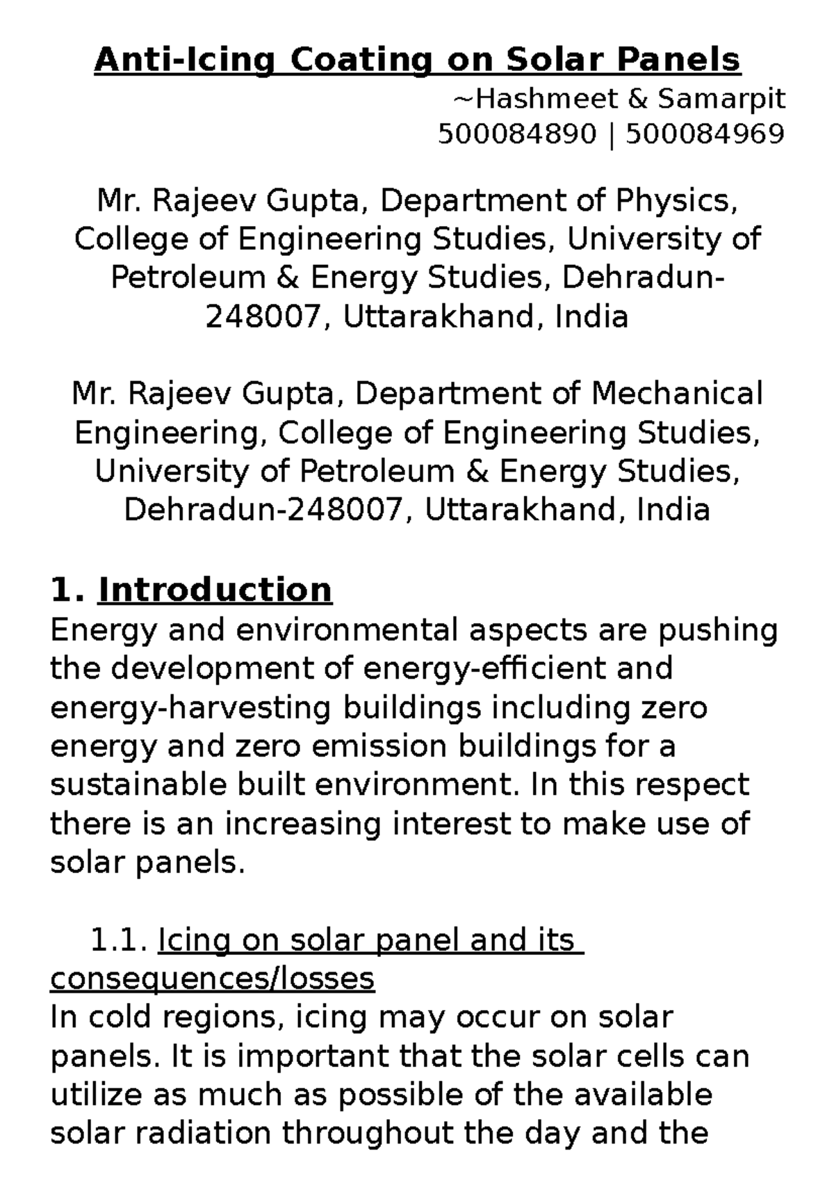 Anti-icing report - Anti-Icing Coating on Solar Panels ~Hashmeet ...