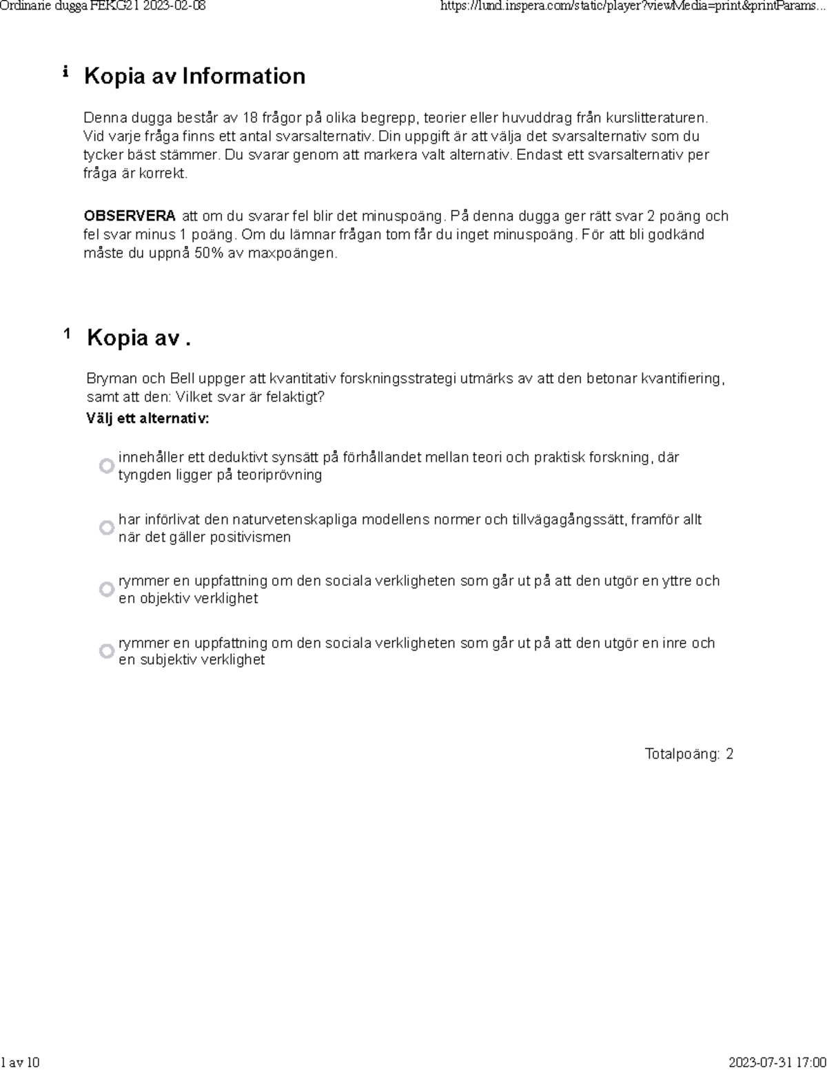 ExDugga från VT23 - ! Kopia av Information Denna dugga består av 18 frågor på olika begrepp ...