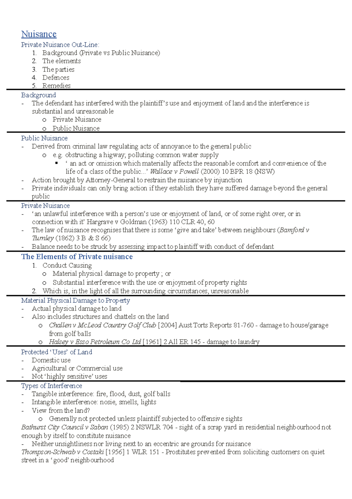 Nuisance- Exam Notes - Nuisance Private Nuisance Out-Line: 1 ...