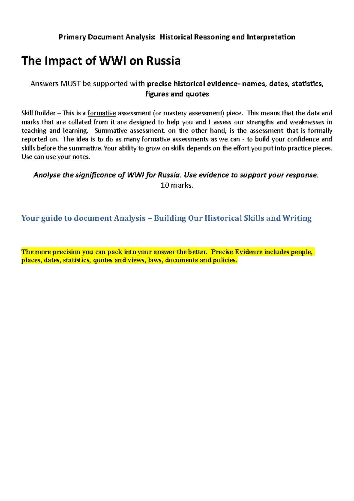 8a. WWI writing practice - Primary Document Analysis: Historical ...