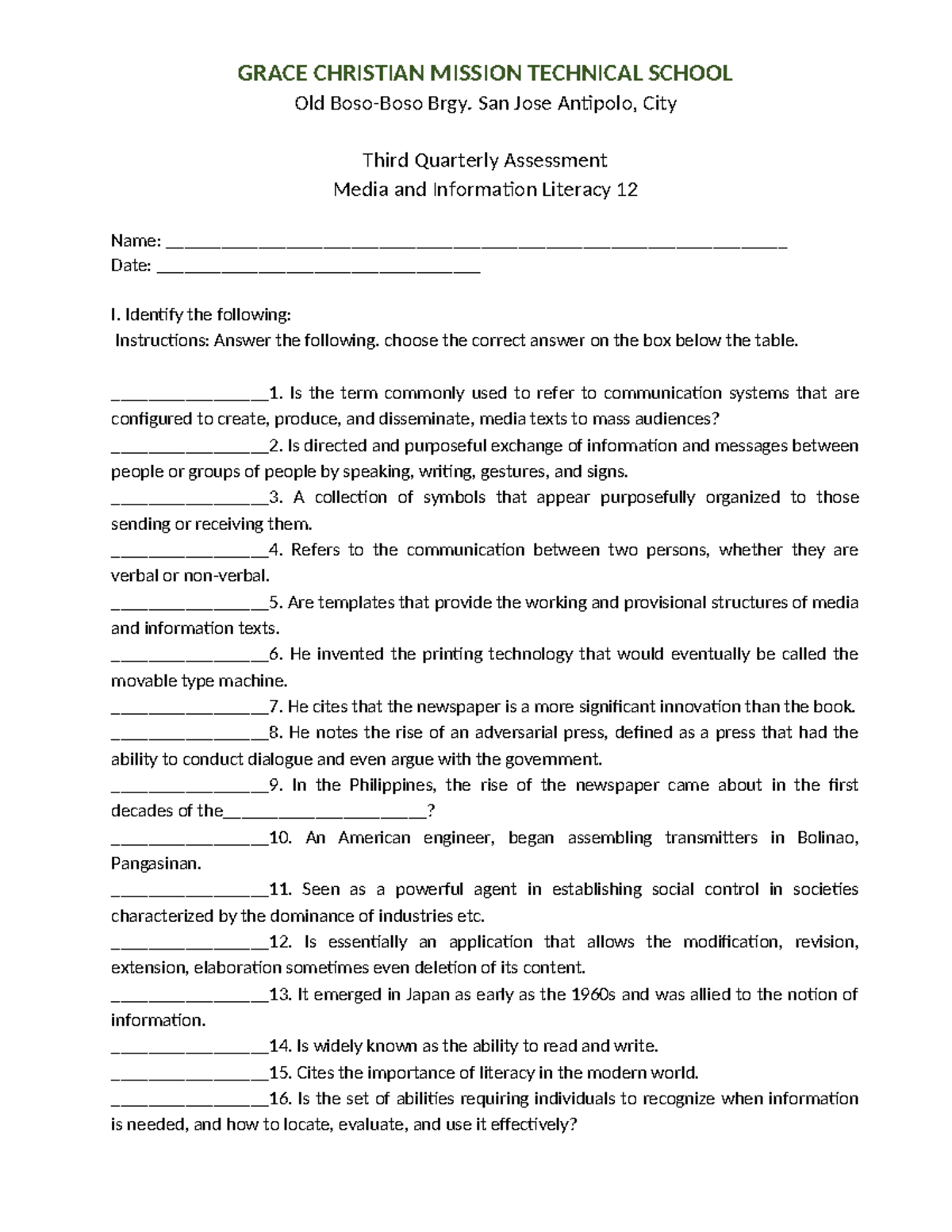 G12 Assesment 2nd sem - n/a - GRACE CHRISTIAN MISSION TECHNICAL SCHOOL ...