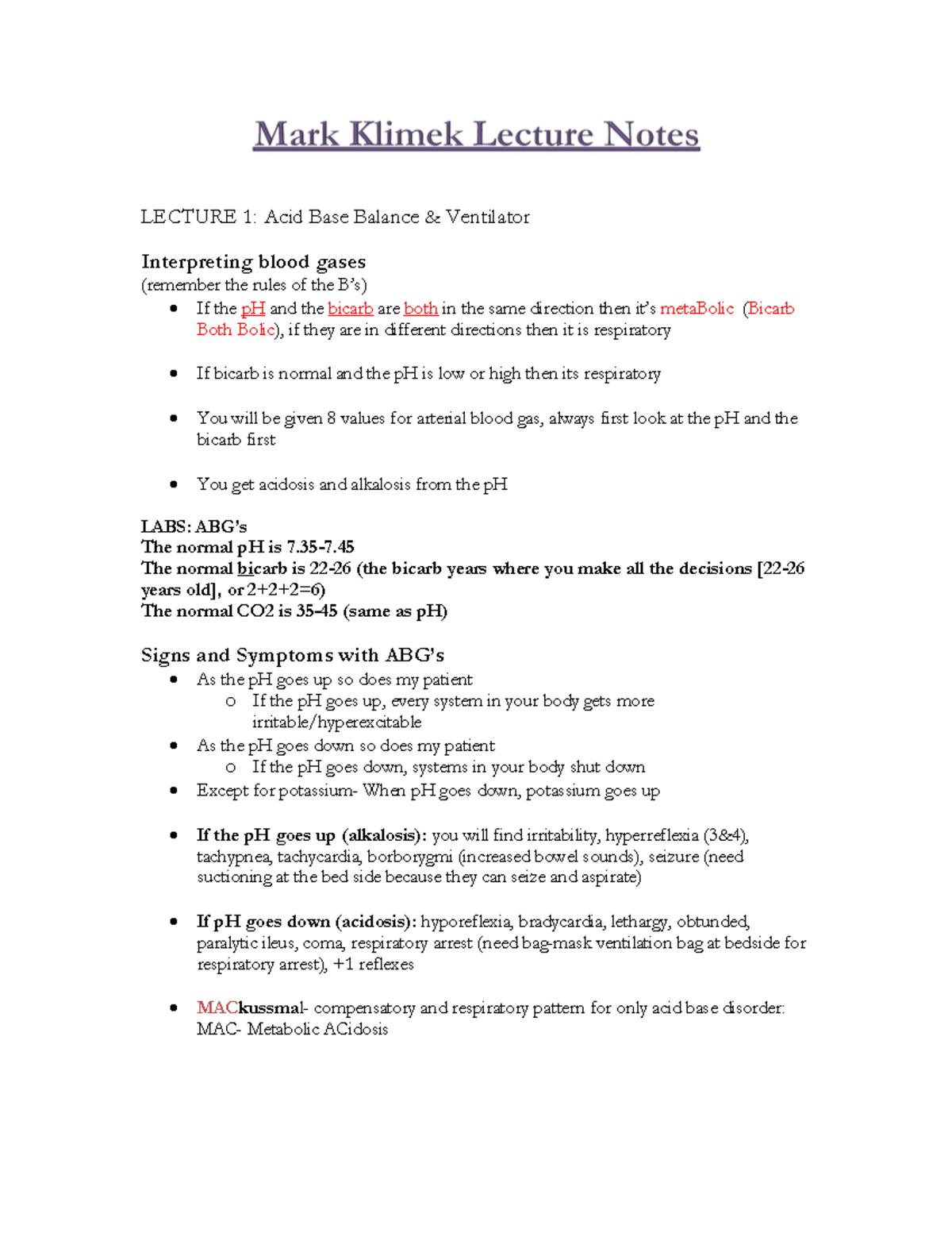 Mark Klimek Lecture Notes - LECTURE 1: Acid Base Balance & Ventilator ...