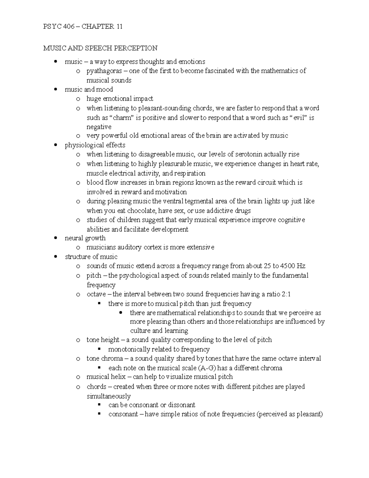 Chapter 11 (Music and Speech Perception) Notes - PSYC 406 CHAPTER 11 ...
