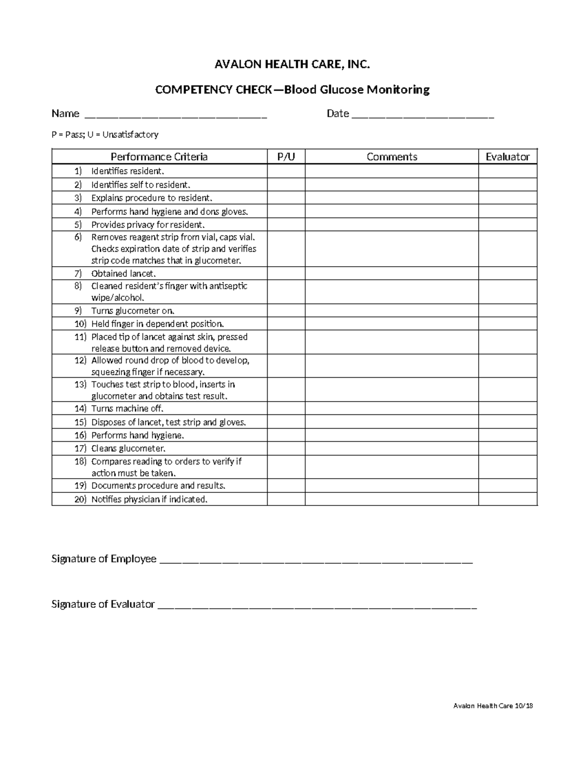 Blood Glucose Monitoring - AVALON HEALTH CARE, INC. COMPETENCY CHECK ...