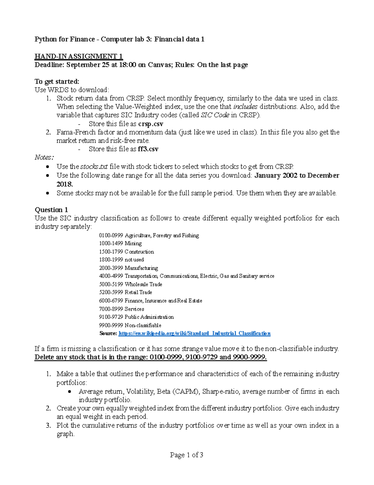 Lab3 hand in 1 - ..... - Page 1 of 3 Python for Finance - Computer lab ...