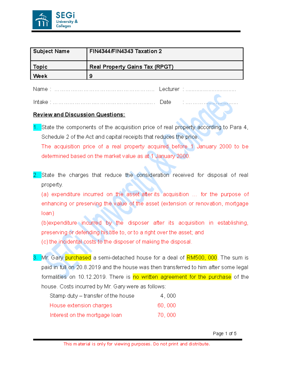 Tutorial RPGT (Q) - IHC - Subject Name FIN4344/FIN4343 Taxation 2 Topic ...