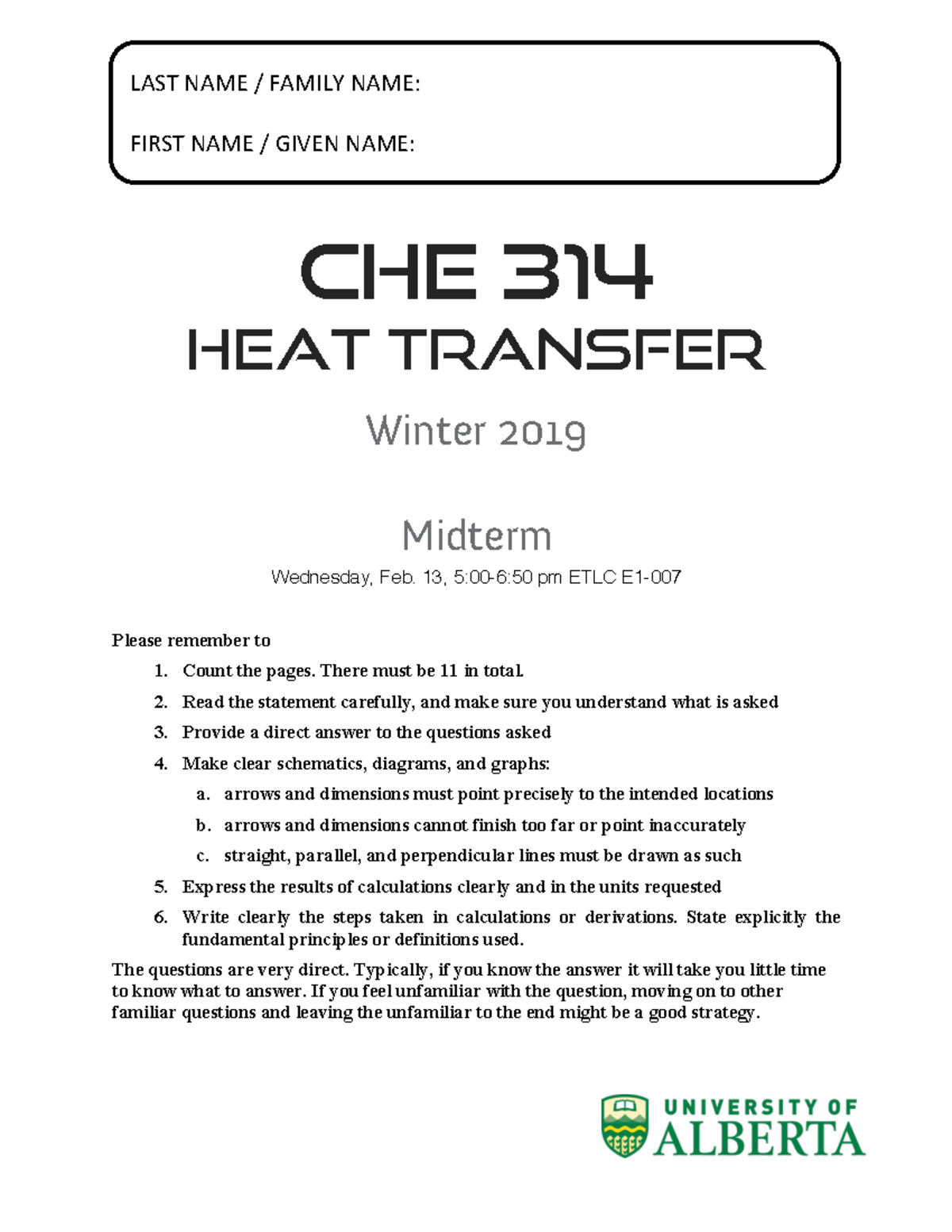 CH E 314 Midterm 1 (2019) - ChE 314 Heat Transfer Winter 2019 Midterm ...
