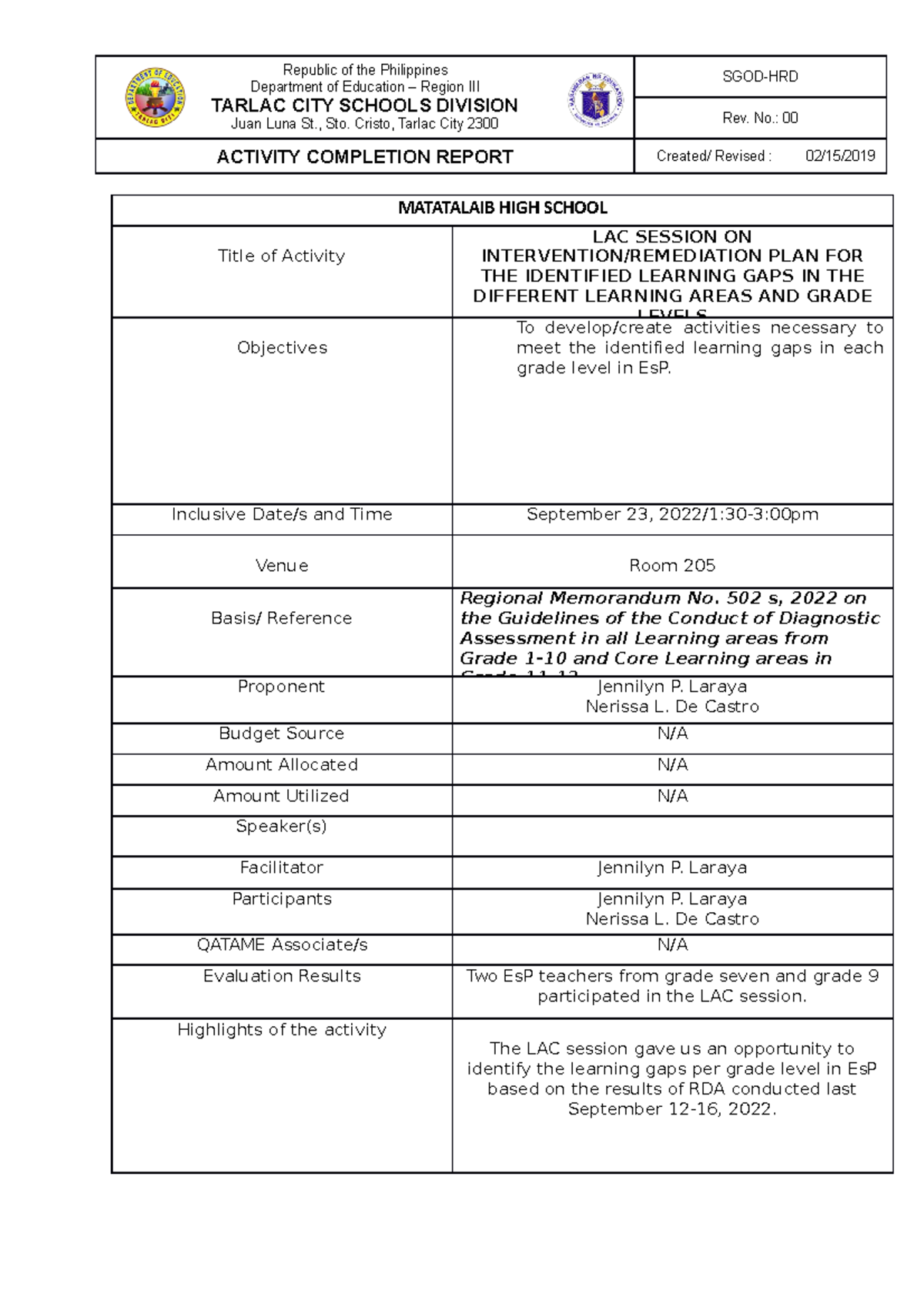 ACR-LAC-1 - brigada report - Republic of the Philippines Department of ...