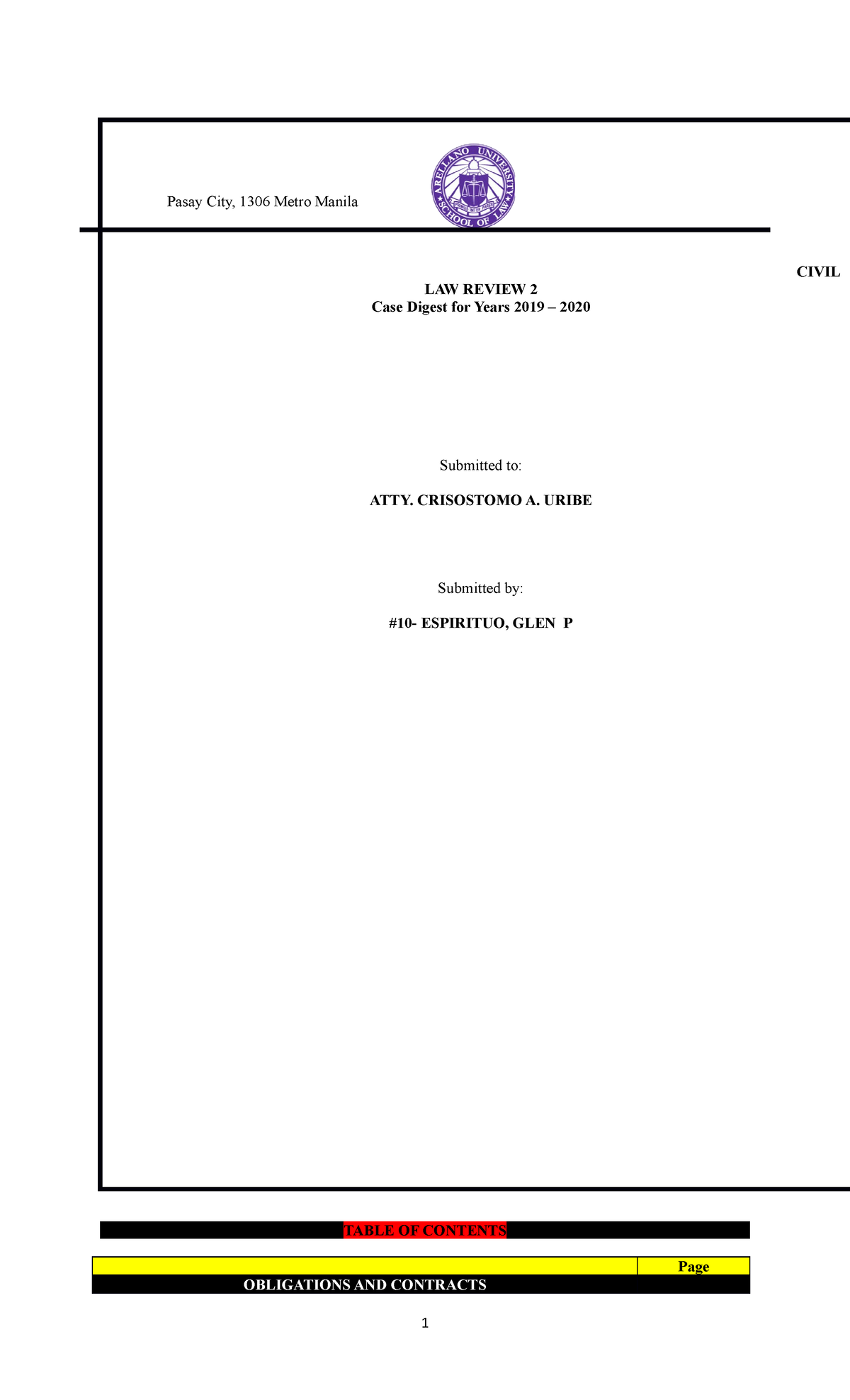 Edited CASE Digest 2020 - Pasay City, 1306 Metro Manila CIVIL LAW ...