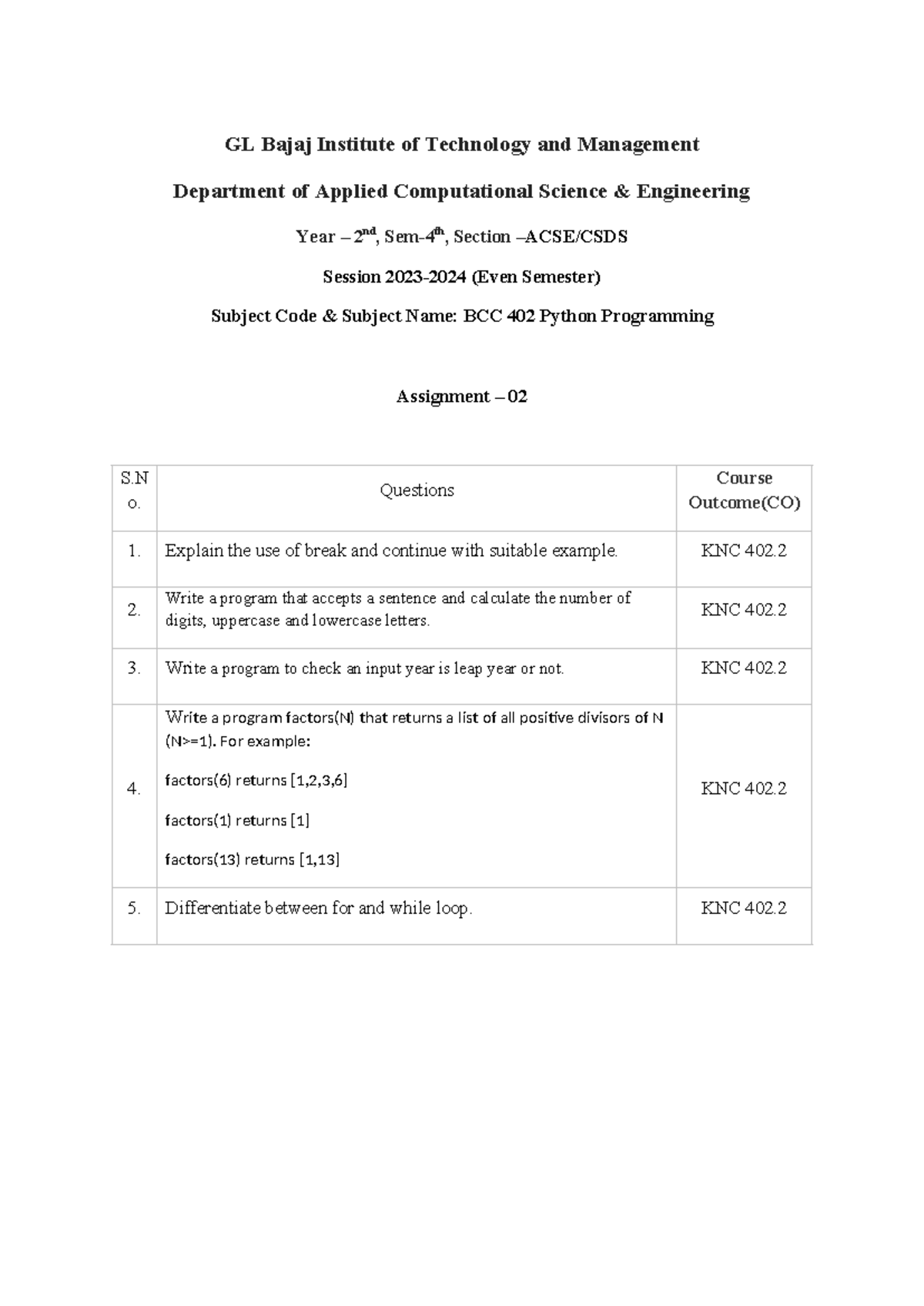 Python A2 - GL Bajaj Institute of Technology and Management Department ...