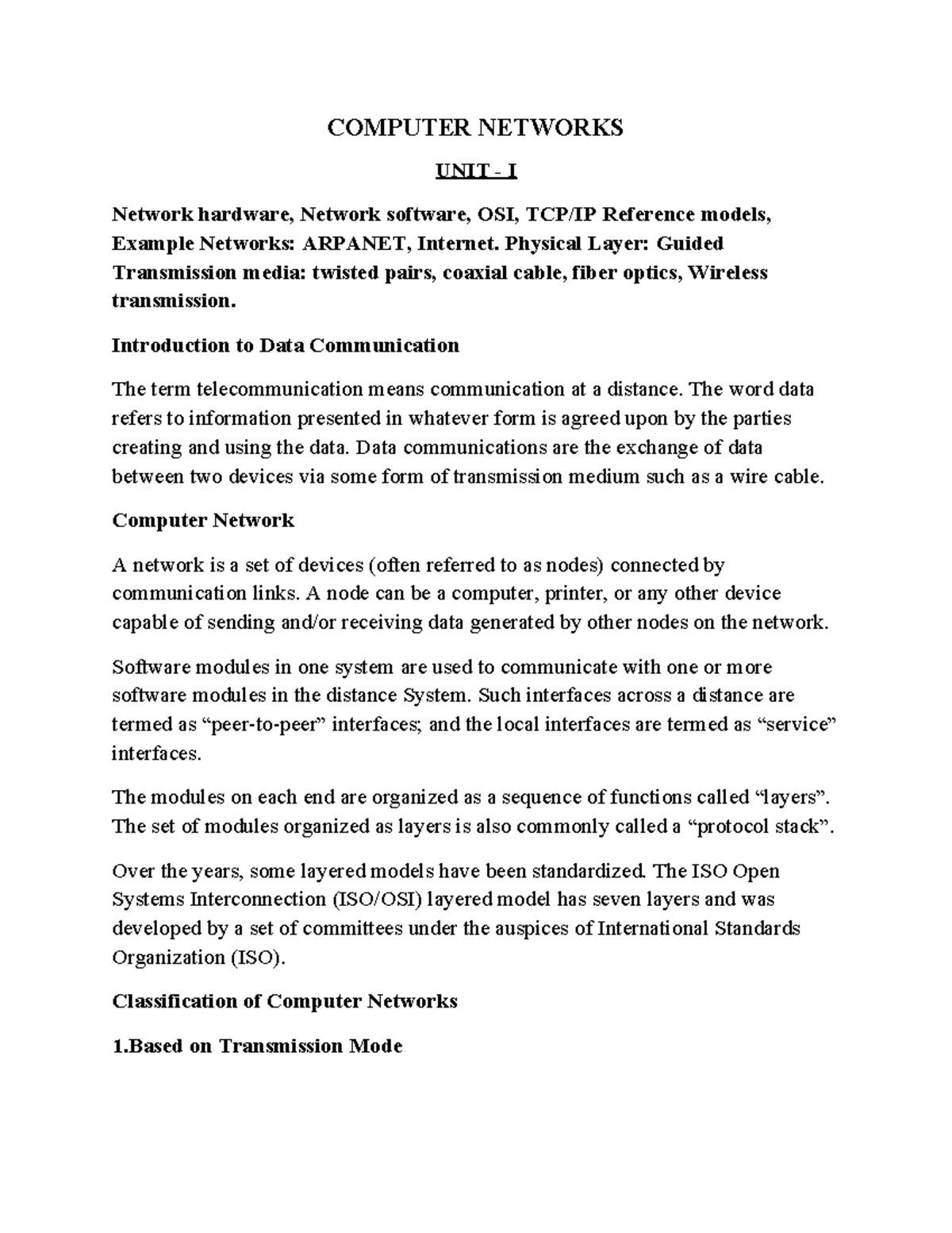 Computer Networks Notes Computer Networks Unit I Network Hardware Network Software Osi