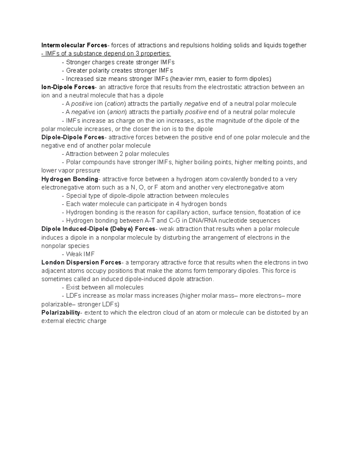 CHEM Exam 1 Study Guide - Intermolecular Forces- forces of attractions ...