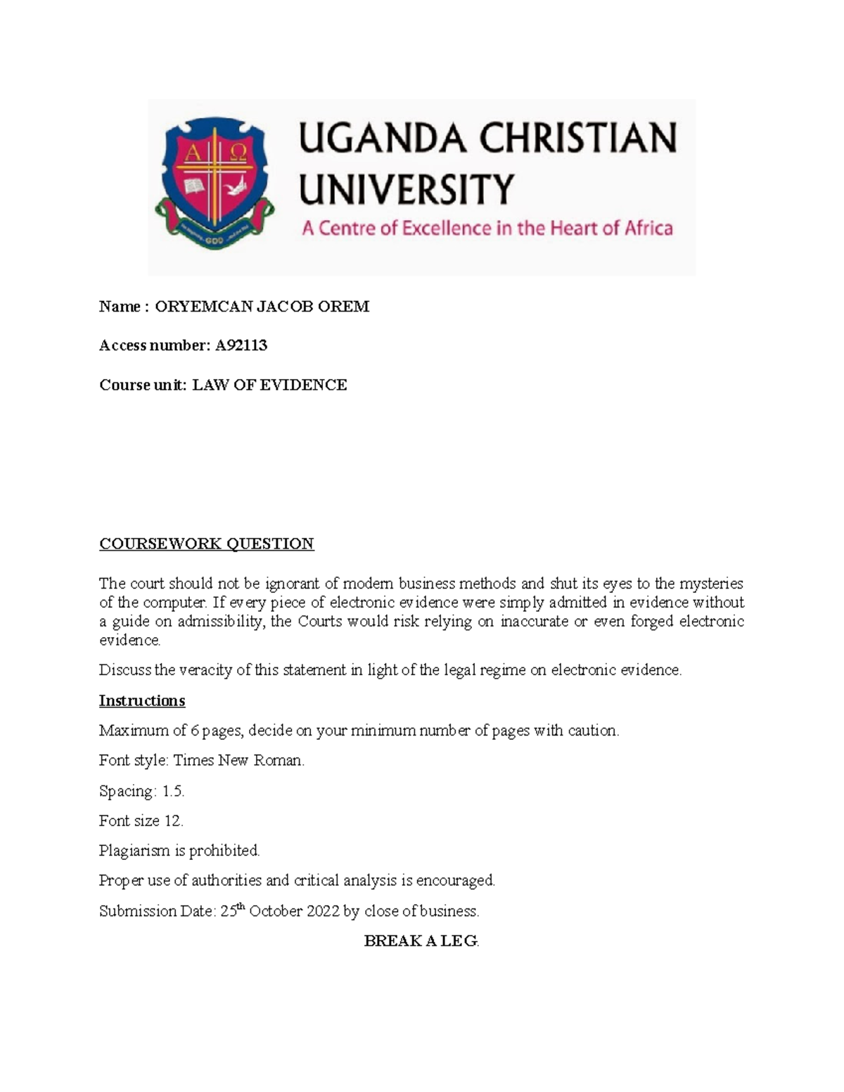 Evidence Course work - evidence - UCU - Studocu