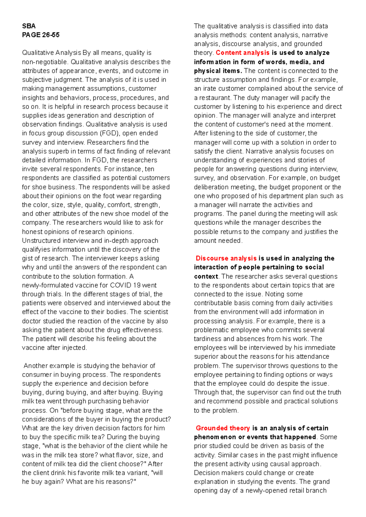 SBA reviewer page 26-55 - SBA PAGE 26- Qualitative Analysis By all means, quality is non ...