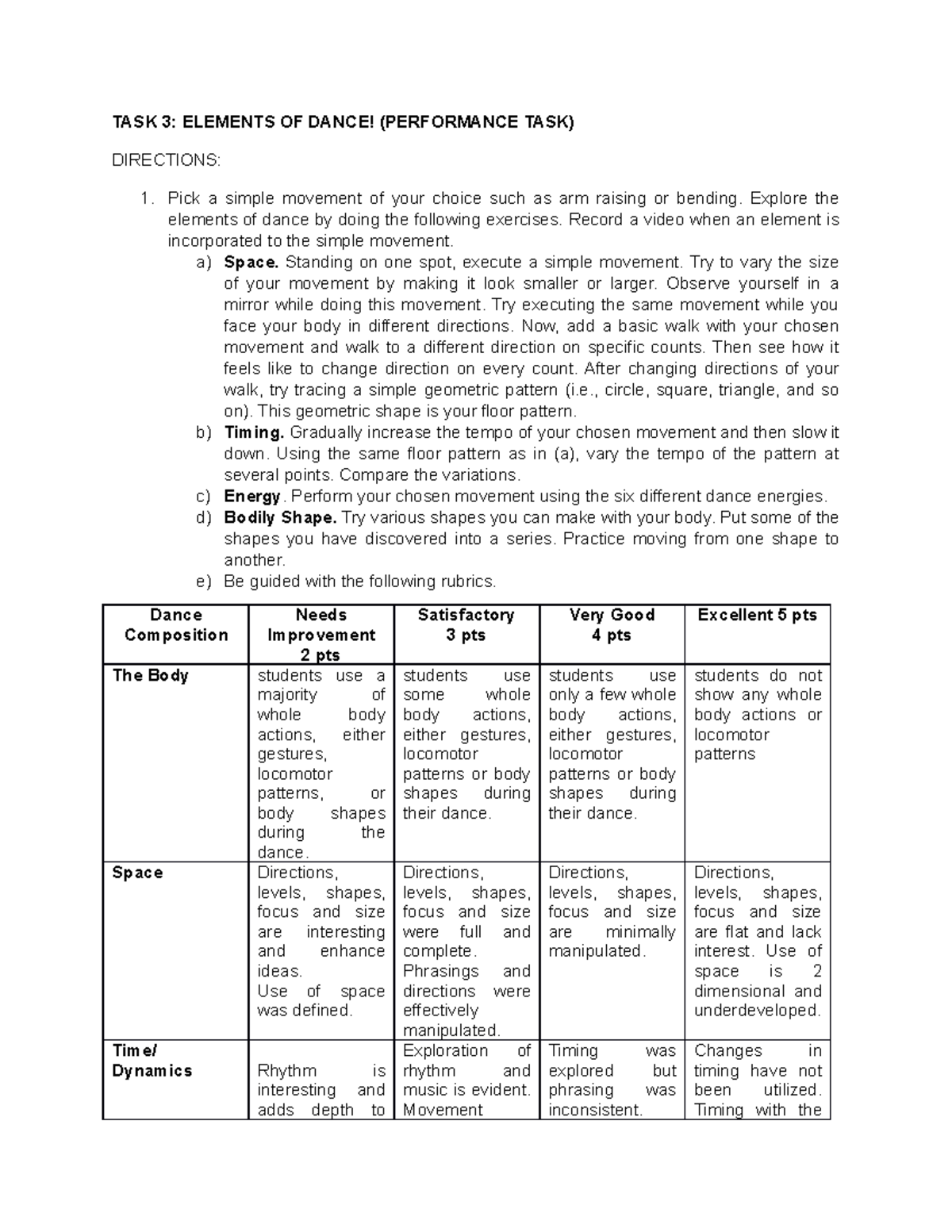 1.1docx lecture notes - TASK 3: ELEMENTS OF DANCE! (PERFORMANCE TASK ...