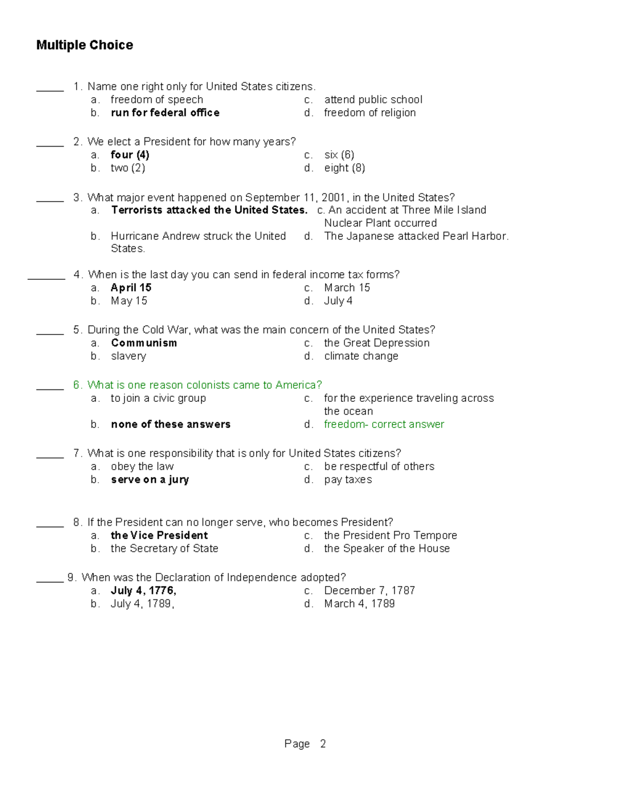 Civic practice exam with answers - Page 2 Multiple Choice Name one ...