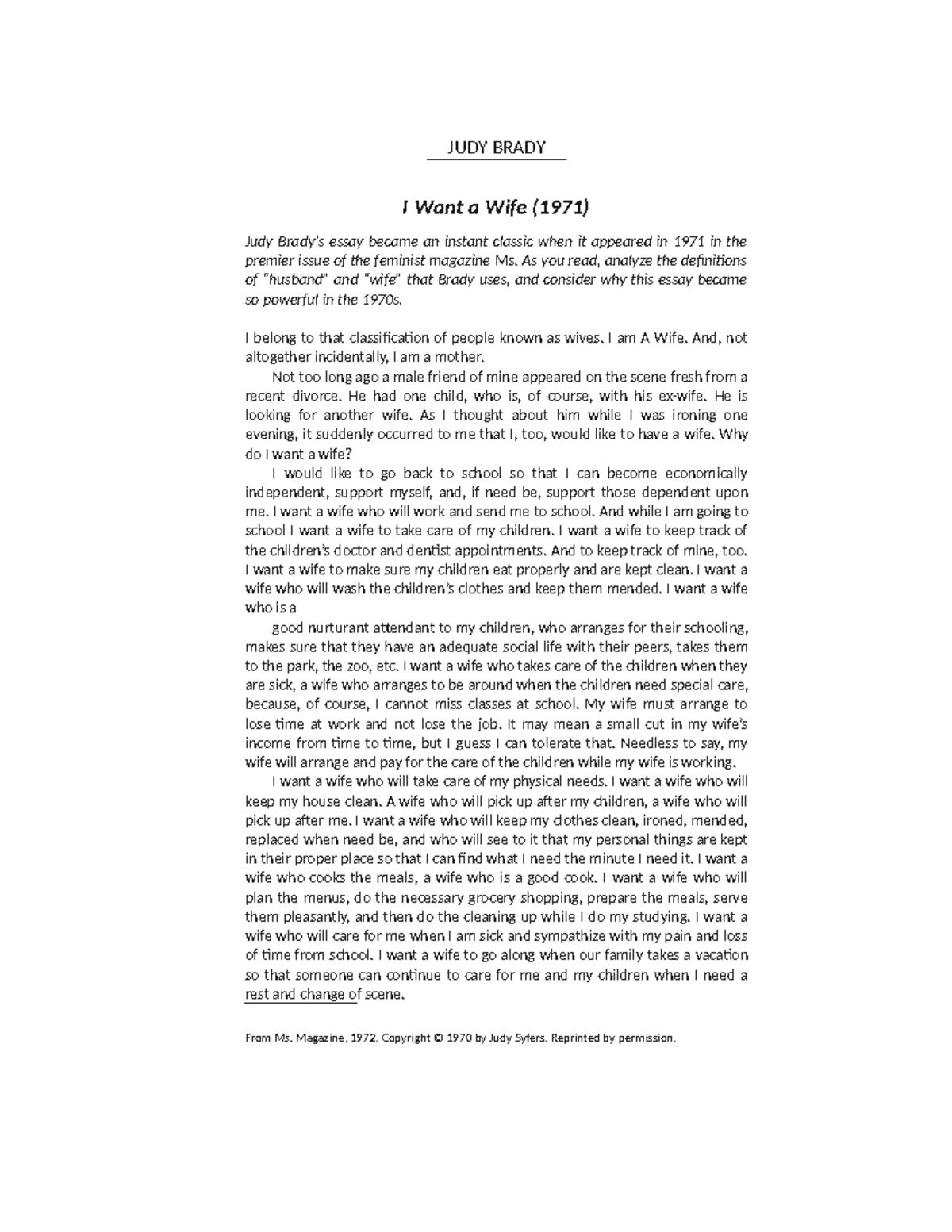 I Want a Wife - Read and analyze. - JUDY BRADY I Want a Wife (1971 ...