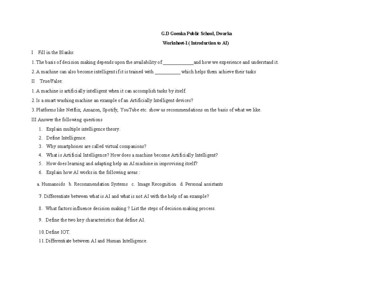 AI CH-1 Worksheet - G Goenka Public School, Dwarka Worksheet-1 ...