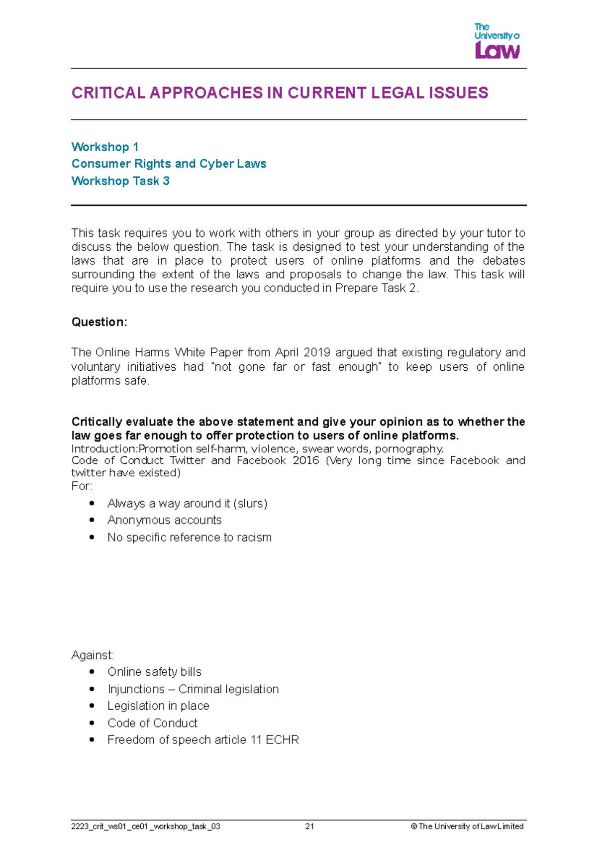 Critical approaches WS 1 Task 3 - CRITICAL APPROACHES IN CURRENT LEGAL ...