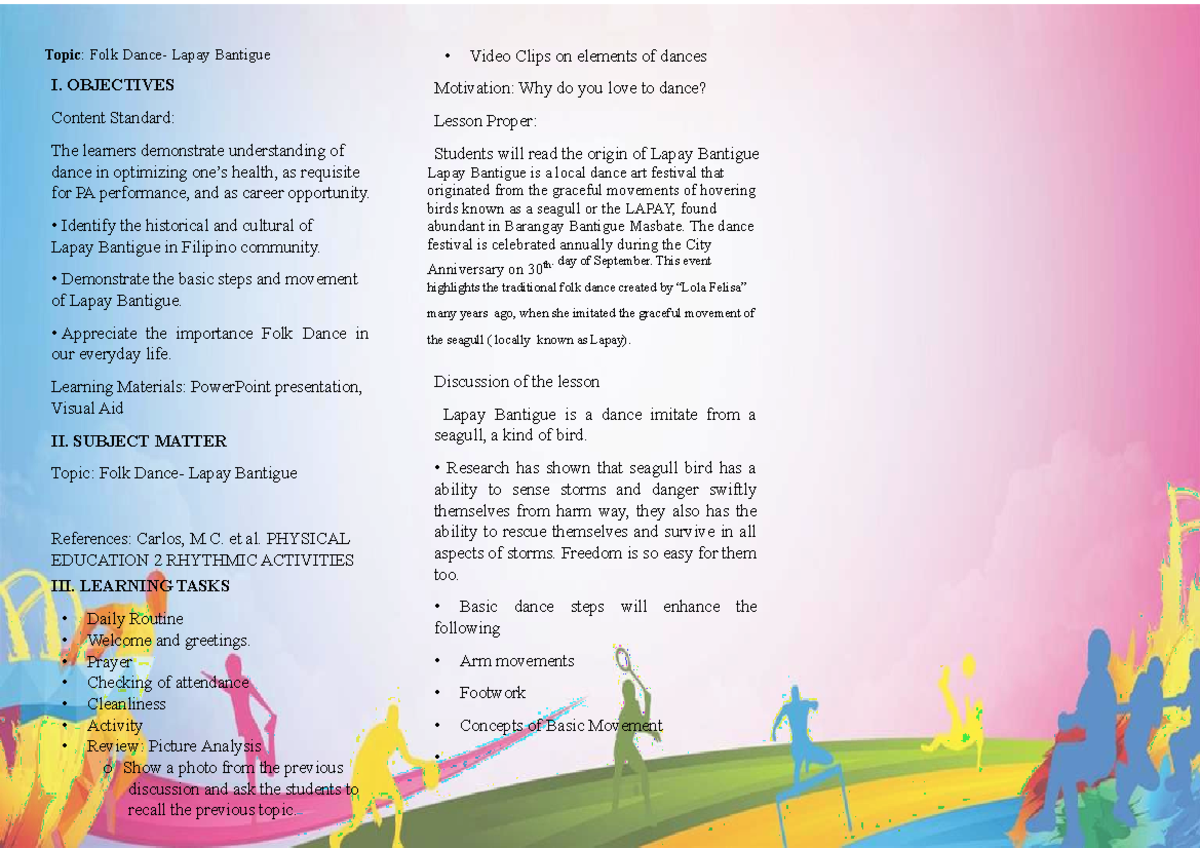 Cot lp - HJKLKL - Topic: Folk Dance- Lapay Bantigue I. OBJECTIVES ...