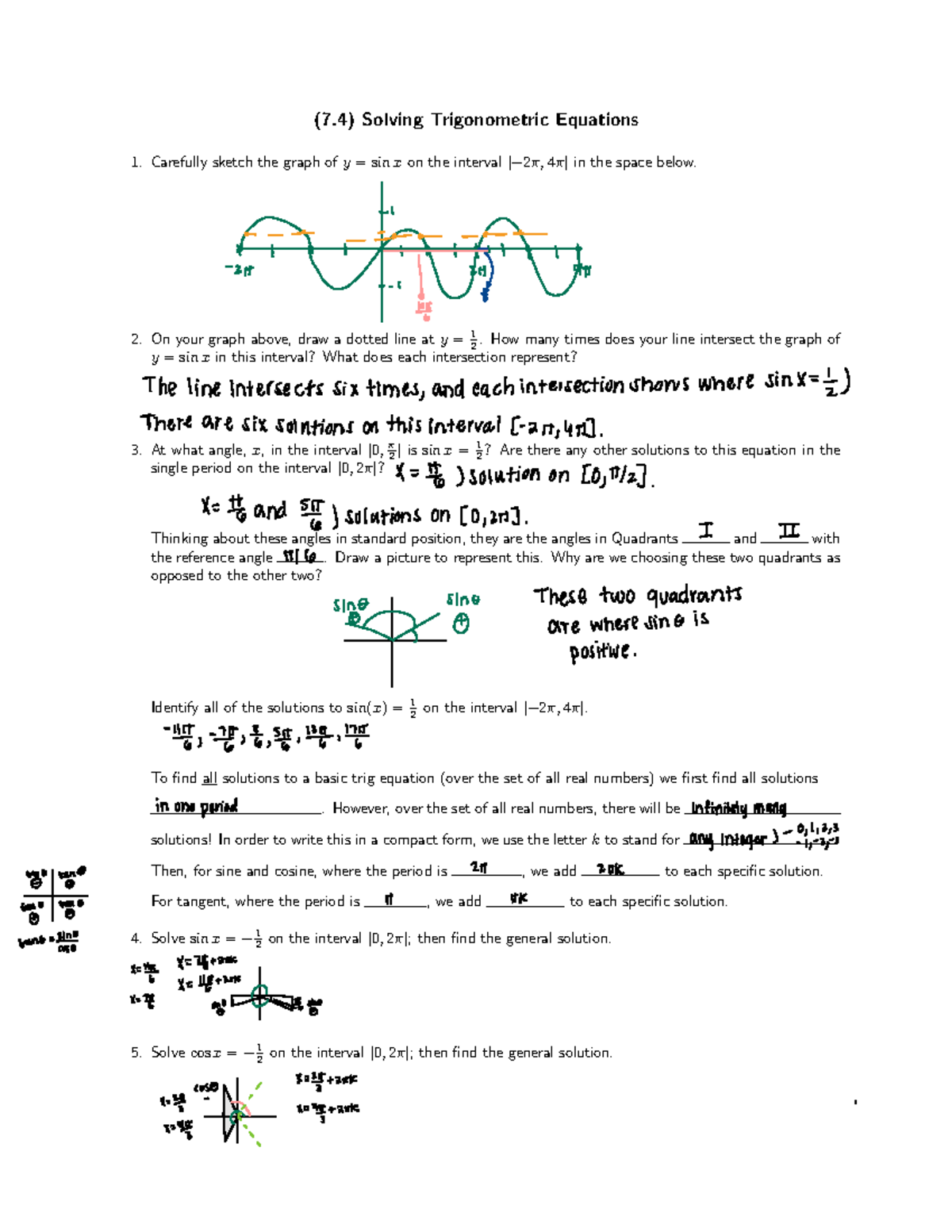 7 4 Basic Trig Equations - (7) Solving Trigonometric Equations Carefully sketch the graph of y ...