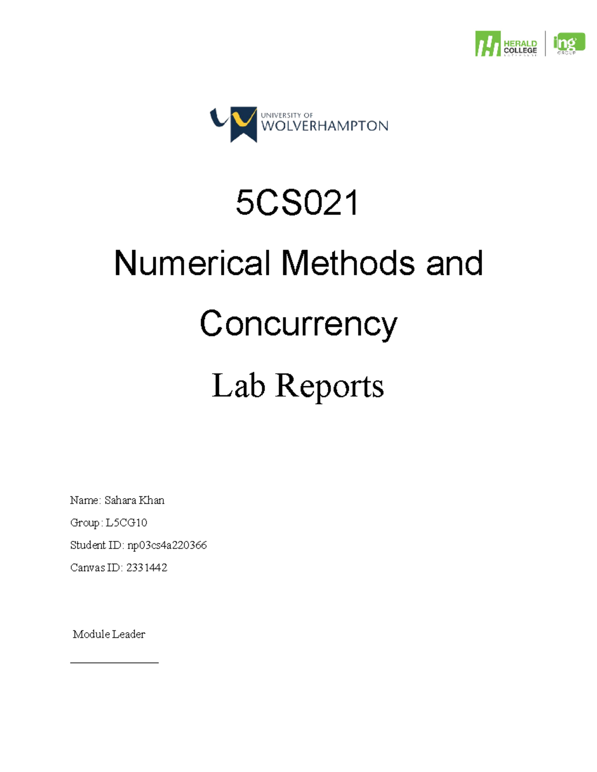 Lab Report Coverpage 5cs Numerical Methods And Concurrency Lab Reports Name Sahara Khan Group