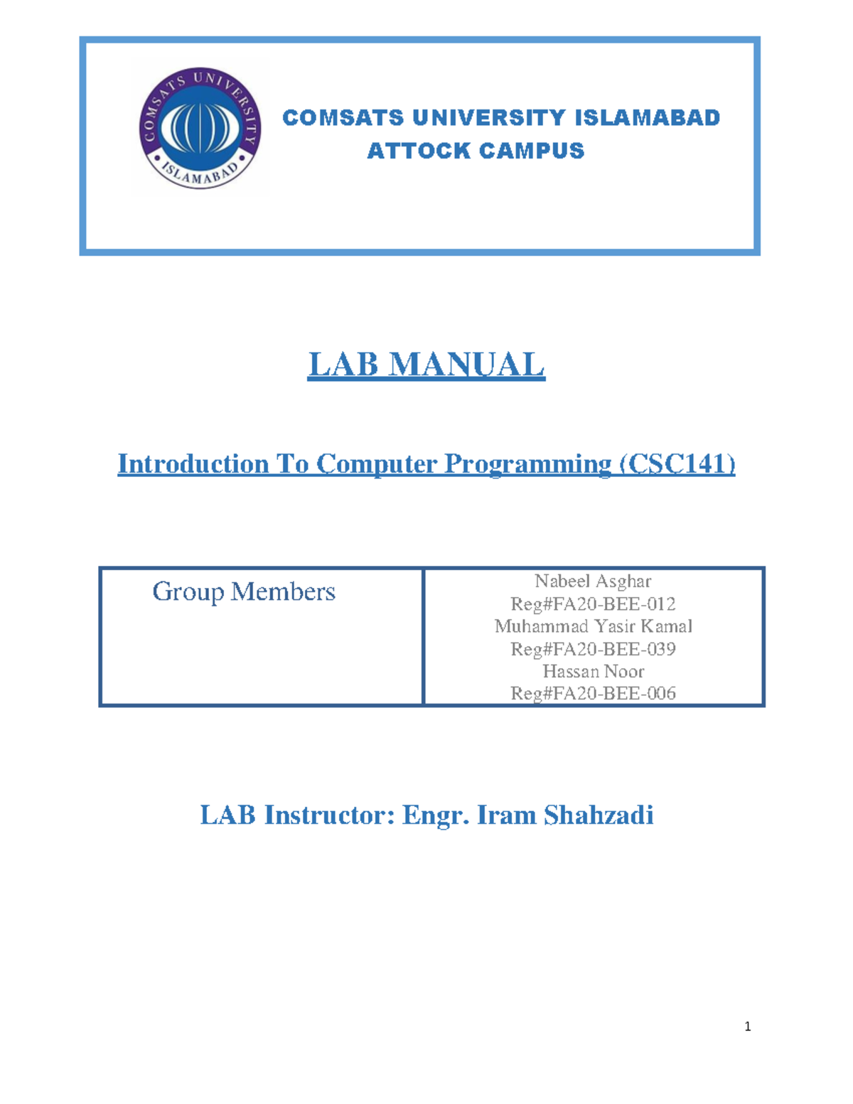 ICTP LAB Report - COMSATS UNIVERSITY ISLAMABAD ATTOCK CAMPUS LAB MANUAL ...