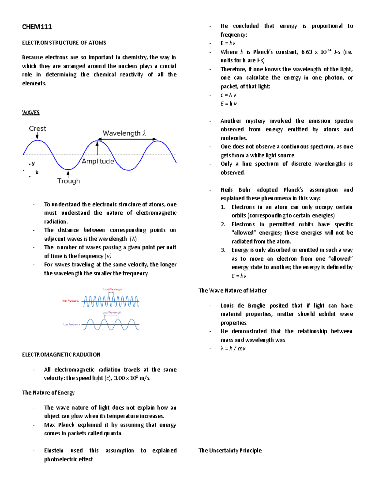 CHEM111(notes 3) - CHEM 111 notes - CHEM ELECTRON STRUCTURE OF ATOMS ...