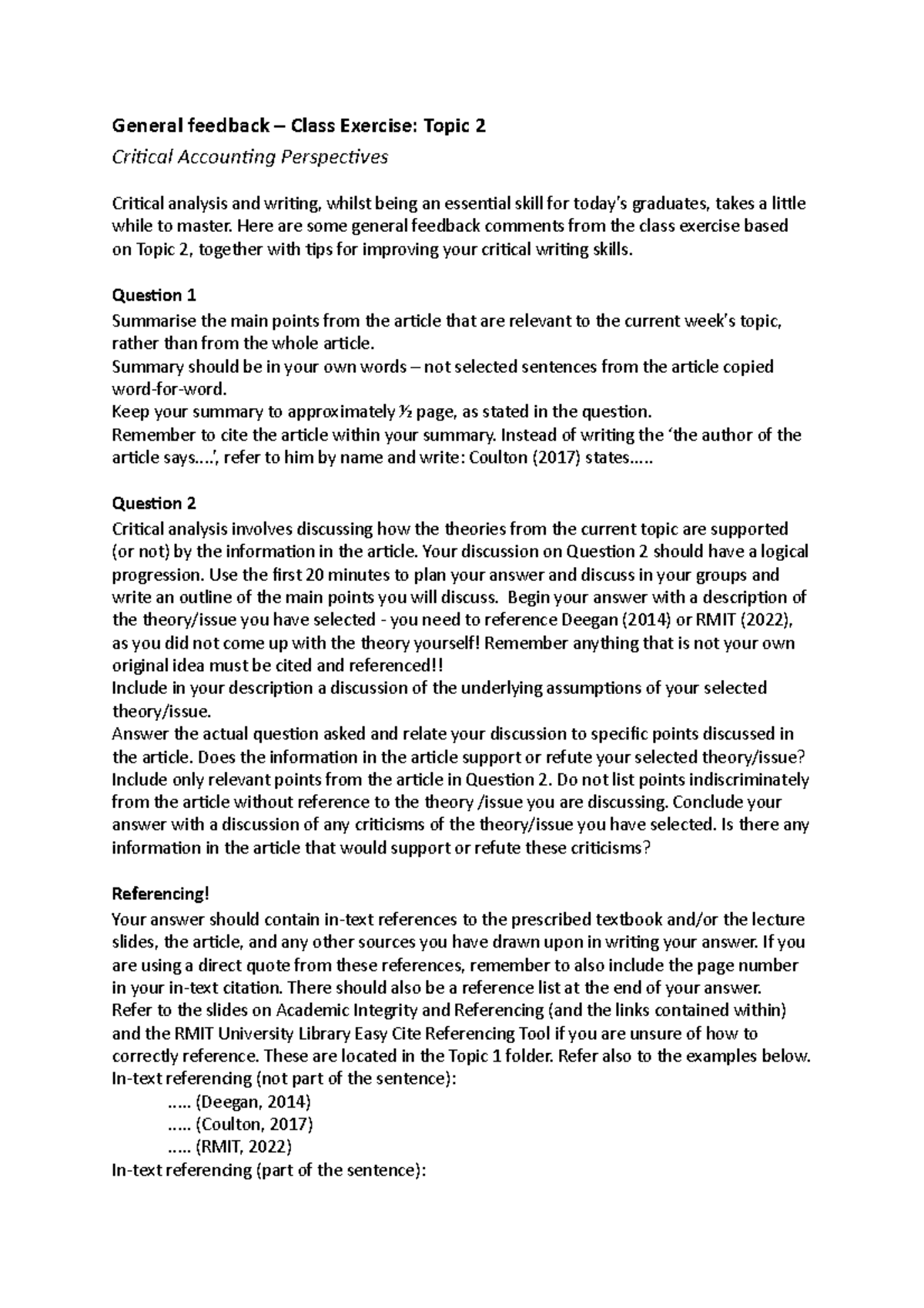 General feedback – Class Exercise Topic 2 - General feedback – Class ...