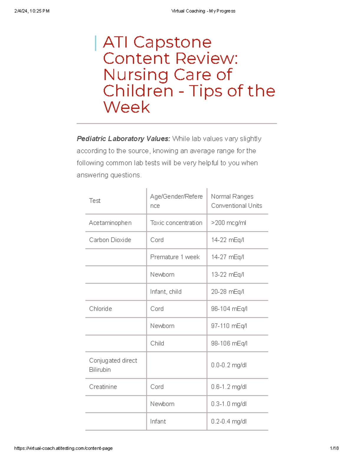 Peds handout - Notes - Pediatric Laboratory Values: While lab values ...
