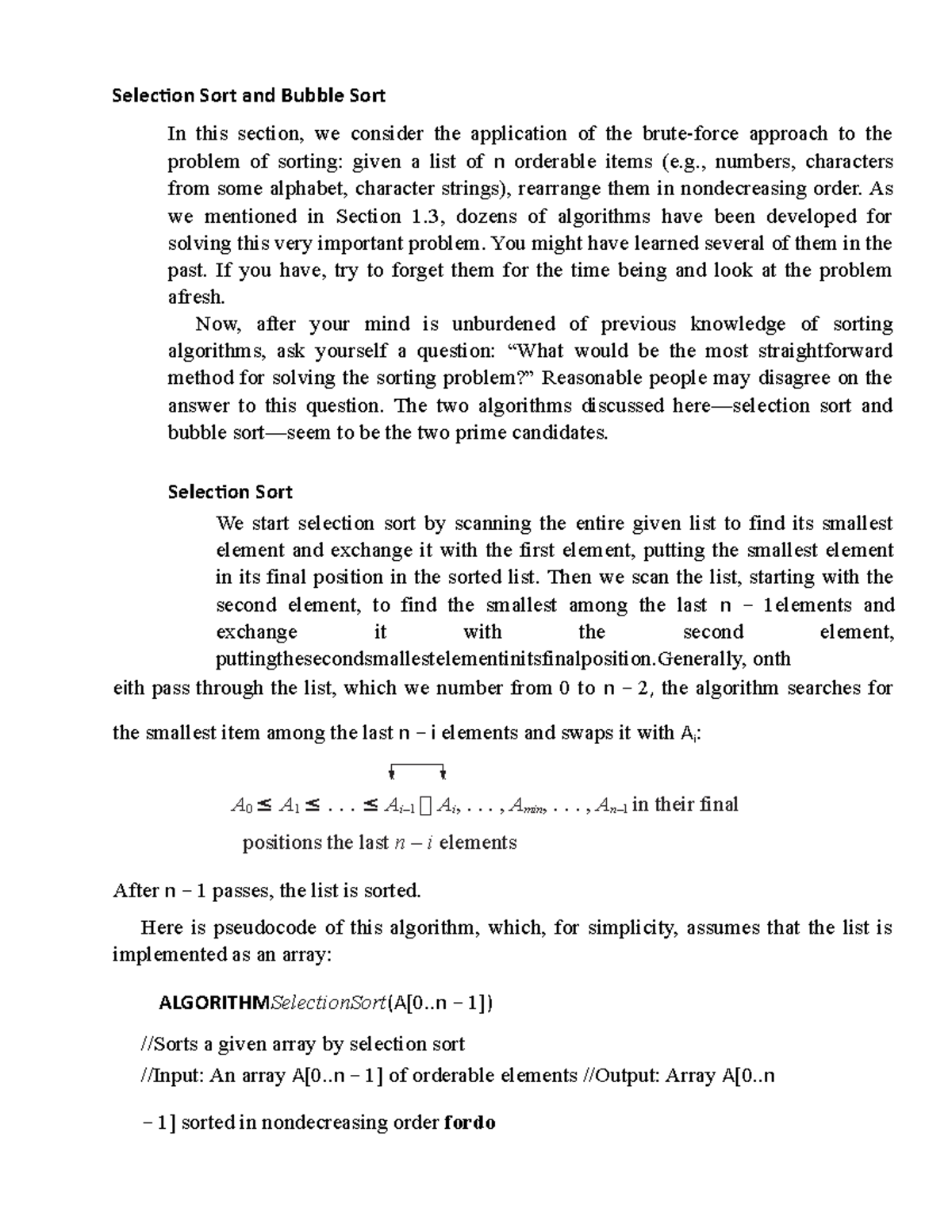 Selection Sort and Bubble Sort - , numbers, characters from some alphabet, character strings ...
