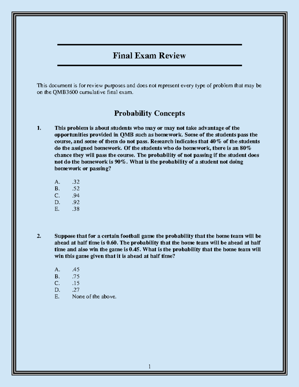 Final Exam Review - Grade: B+ - Final Exam Review This document is for ...