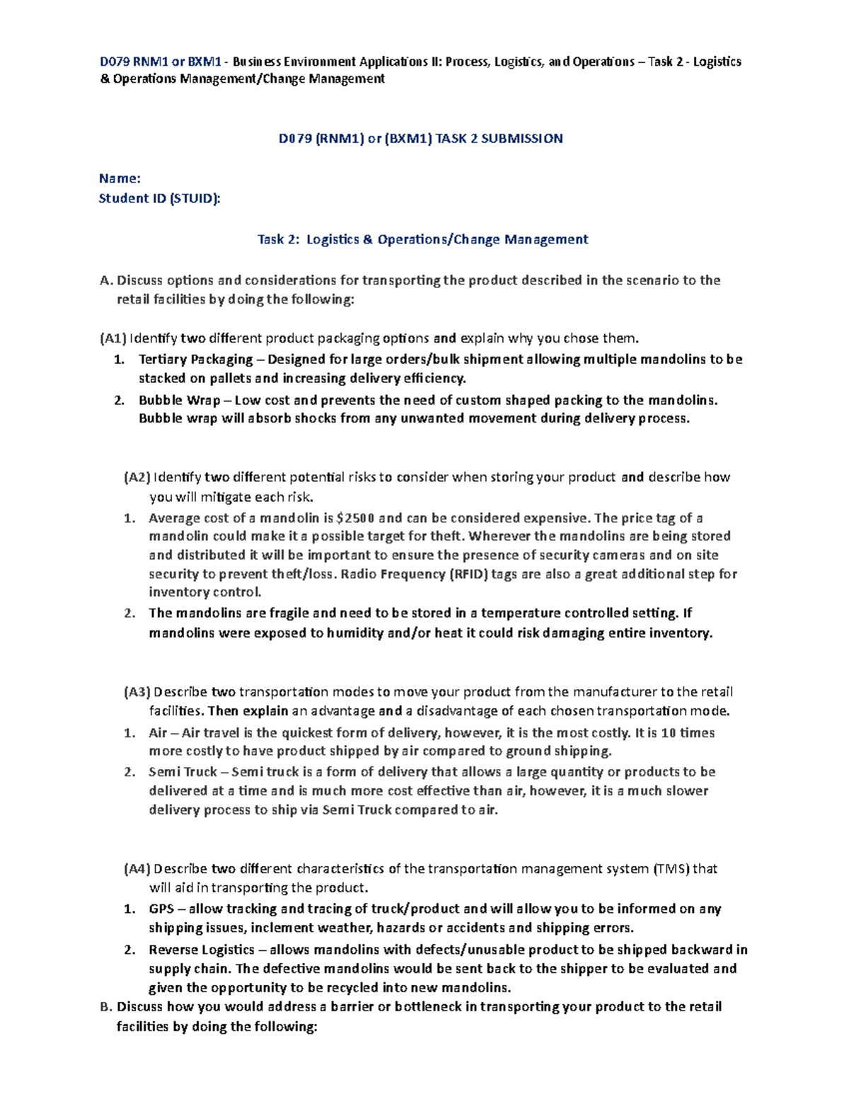 D079 RNM1 Task 2 Submission studoc - D079 RNM1 or BXM1 - Business ...