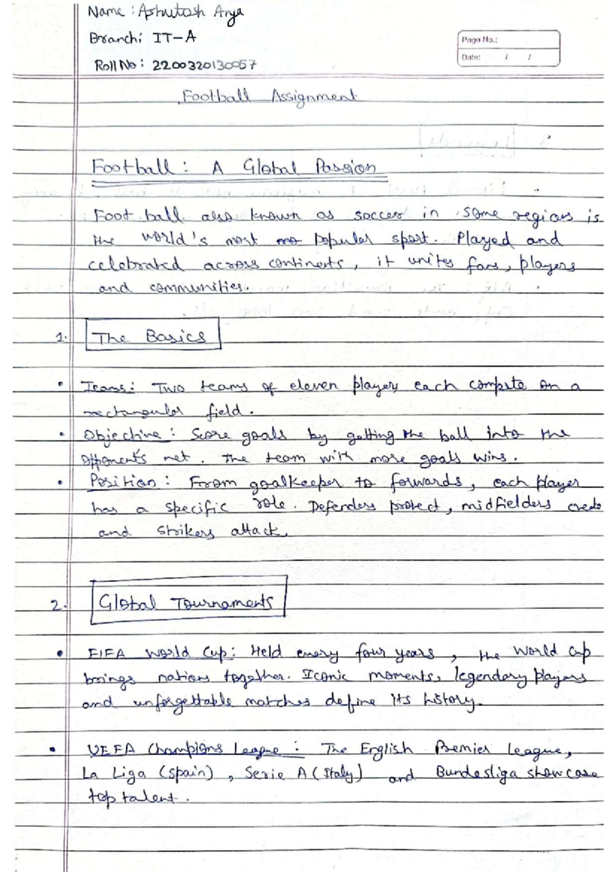 Football Assignment Ashutosh Arya ITA - Name Ashutash Arya Branchi Page ...