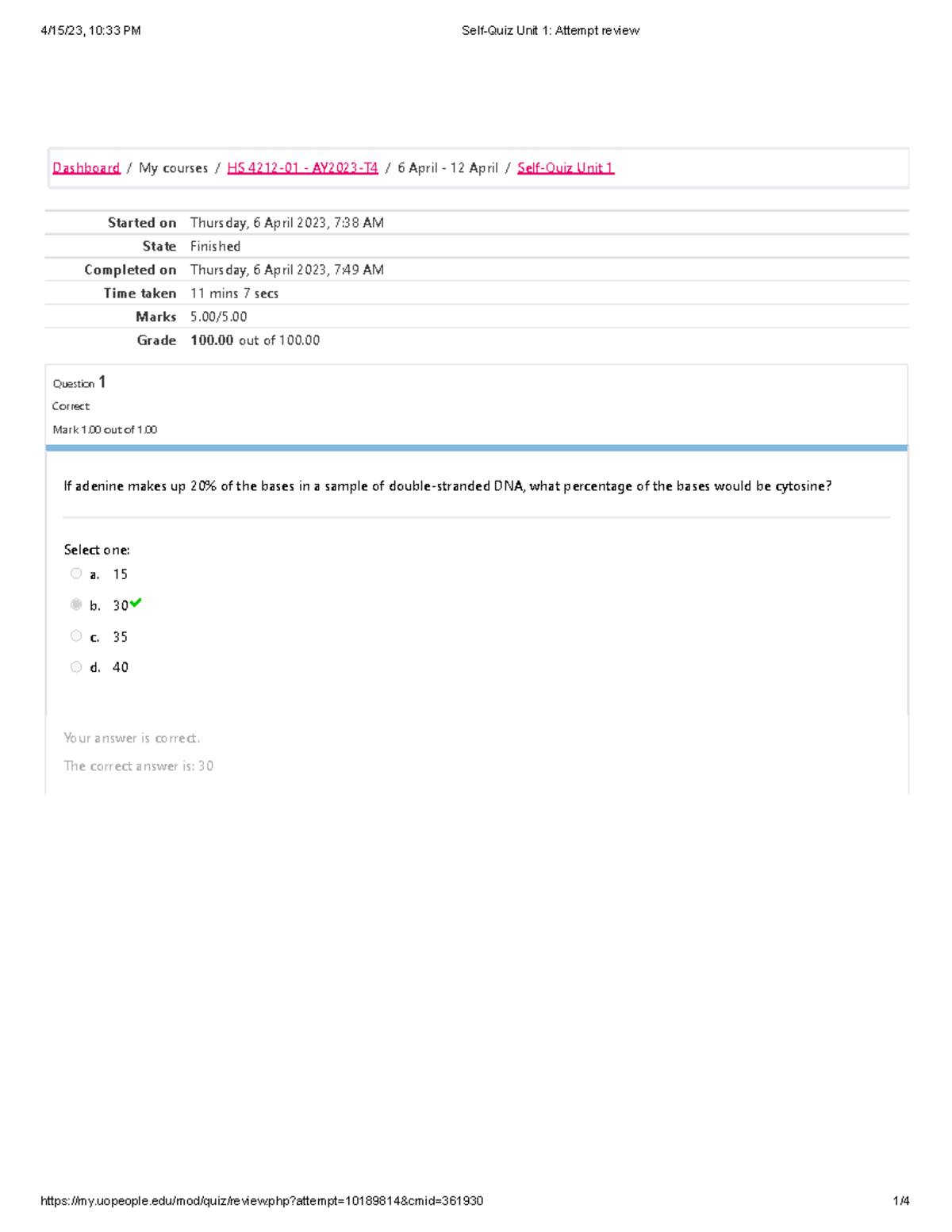 Chapter 1 genetics - Started on Thursday, 6 April 2023, 7:38 AM State ...