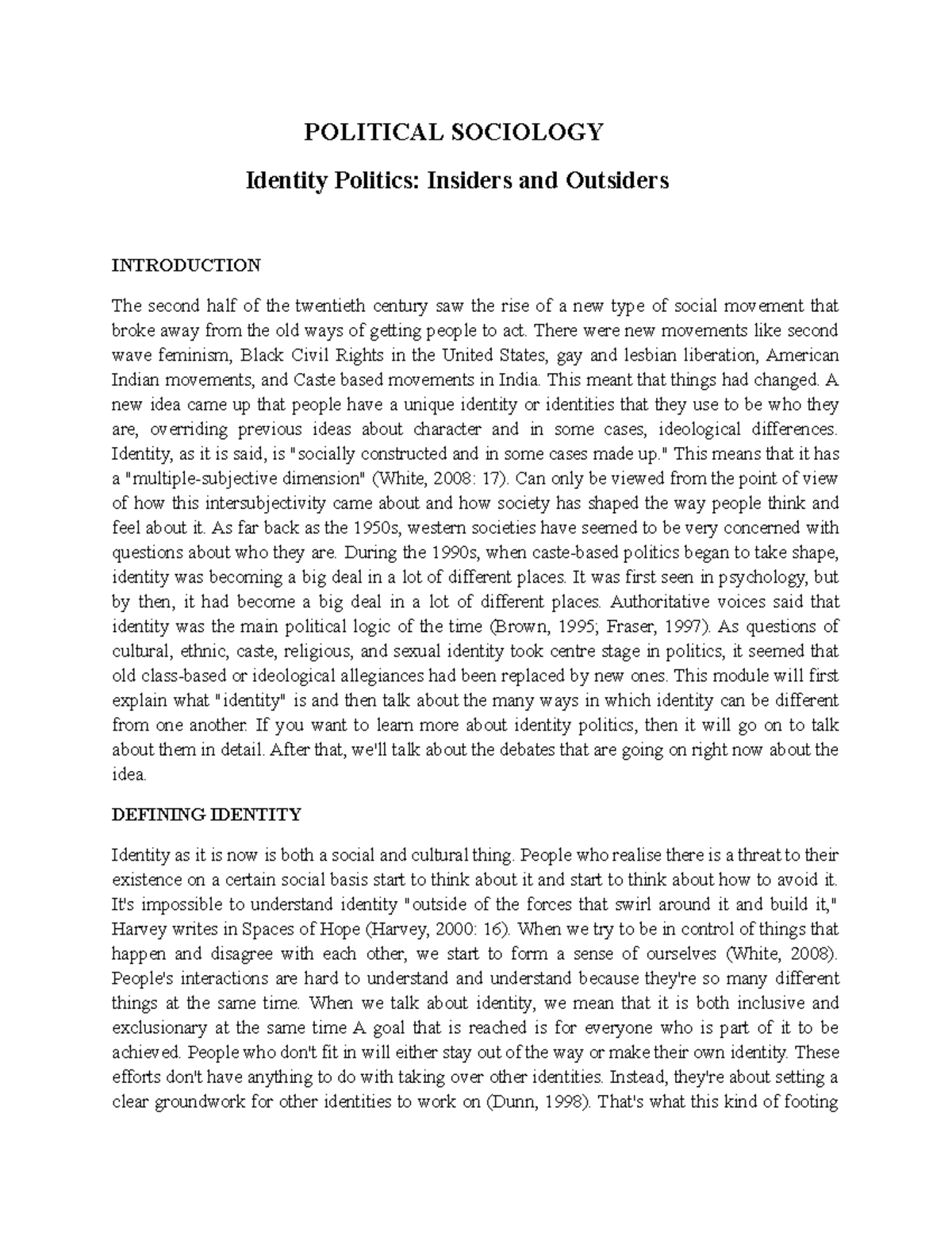 Political Sociology Identity Politics Insiders and Outsiders ...