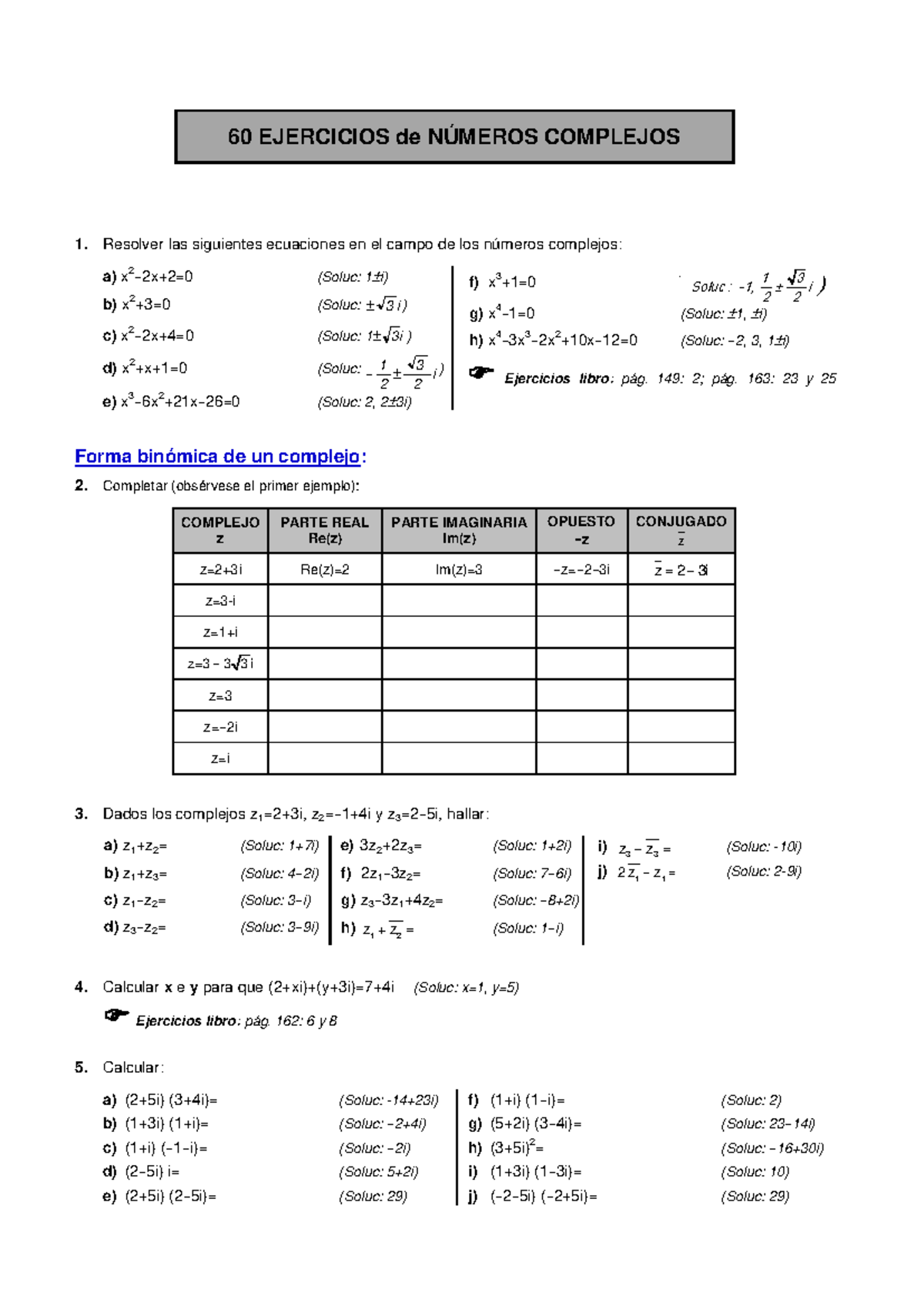 Ejercicios numeros complejos - 60 EJERCICIOS de NÚMEROS COMPLEJOS 1 ...